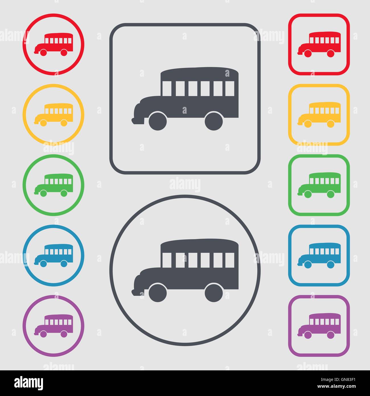 Bus icon sign. symbol on the Round and square buttons with frame ...