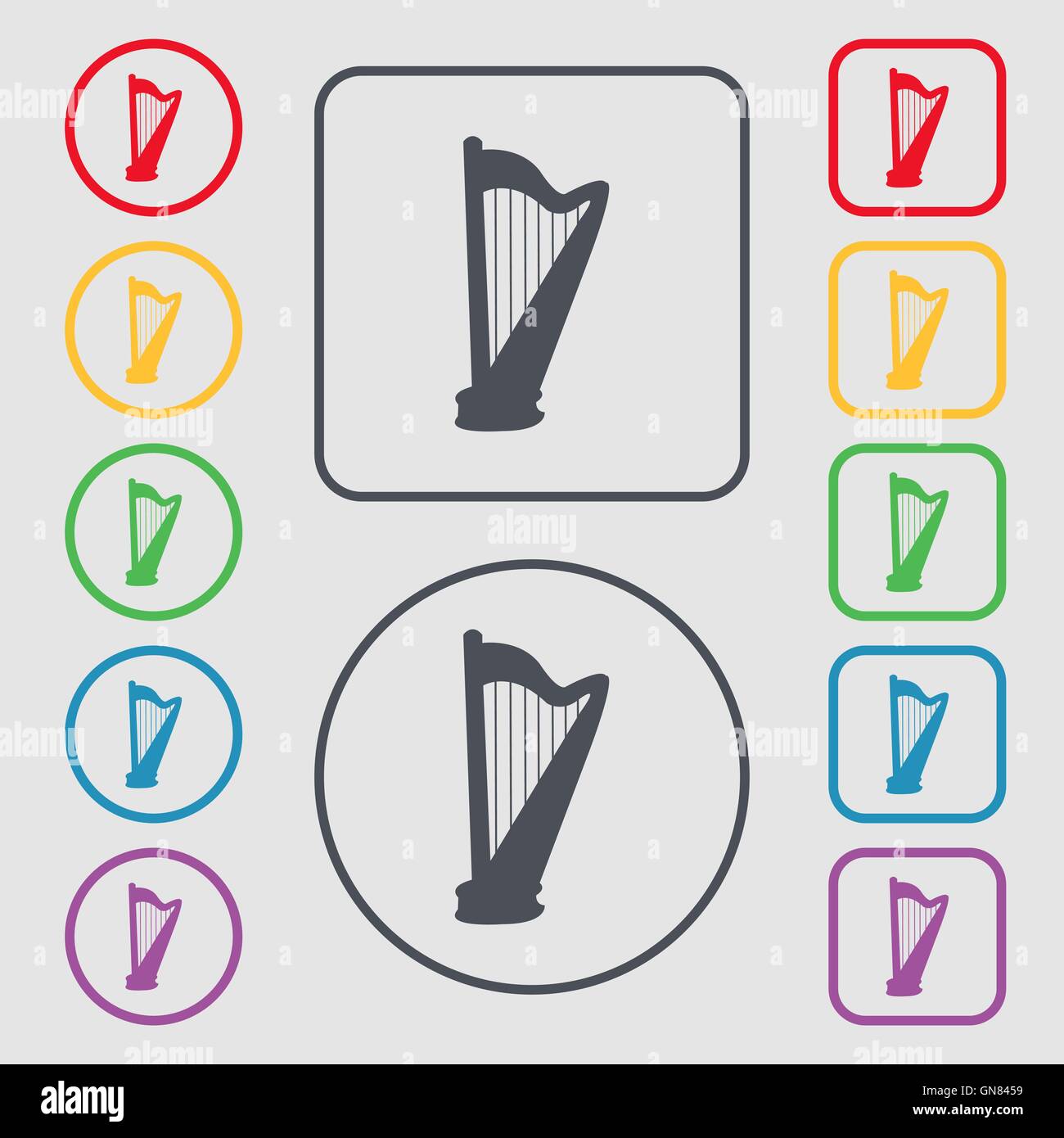 harp icon sign. symbol on the Round and square buttons with frame ...