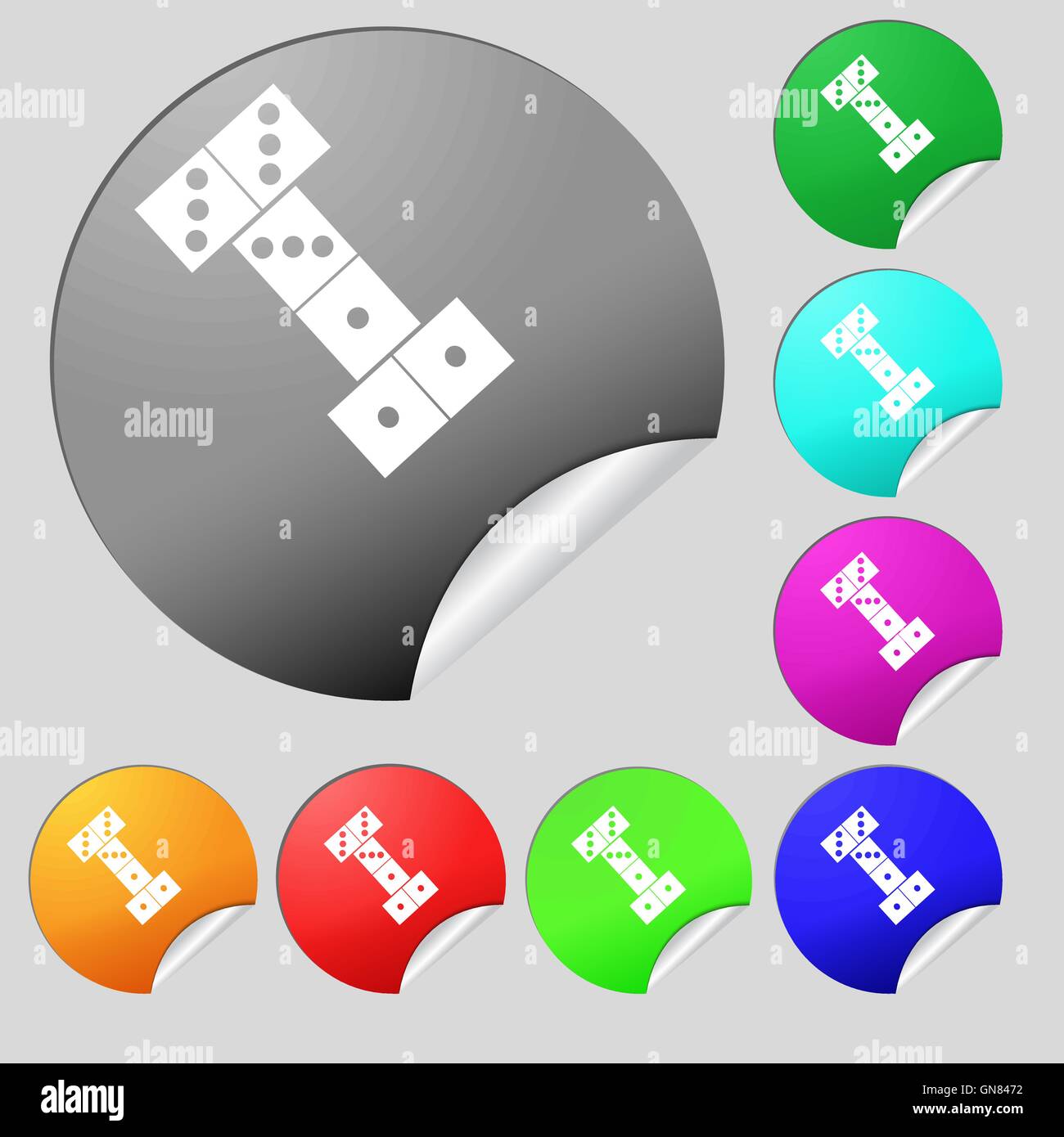 domino icon sign. Set of eight multi colored round buttons, stickers ...