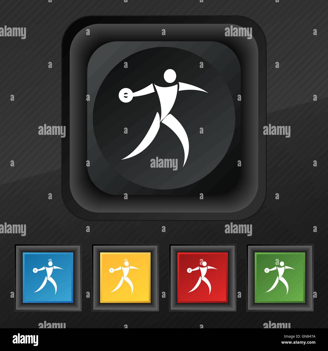 Discus thrower icon symbol. Set of five colorful, stylish buttons on ...