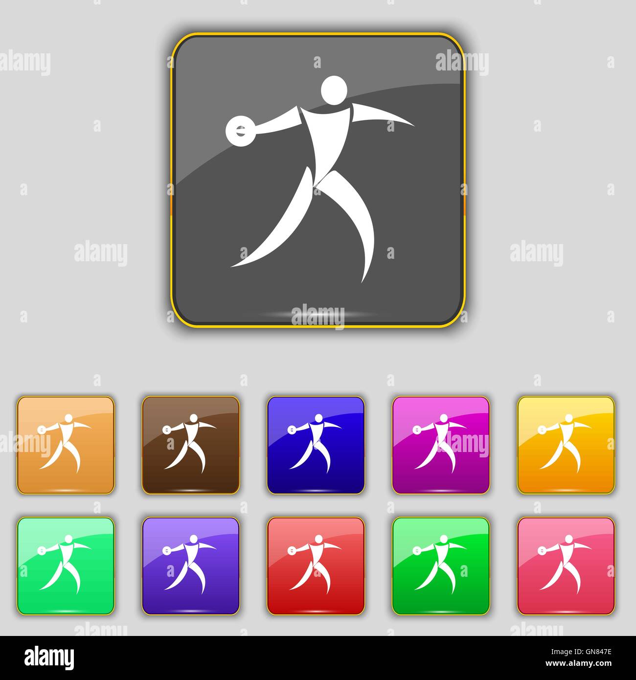 Discus thrower icon sign. Set with eleven colored buttons for your site ...