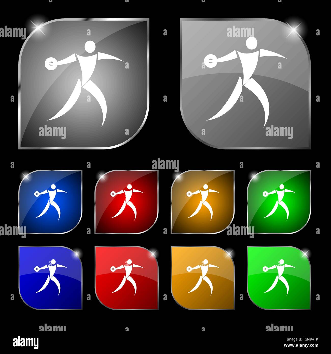 Discus thrower icon sign. Set of ten colorful buttons with glare ...