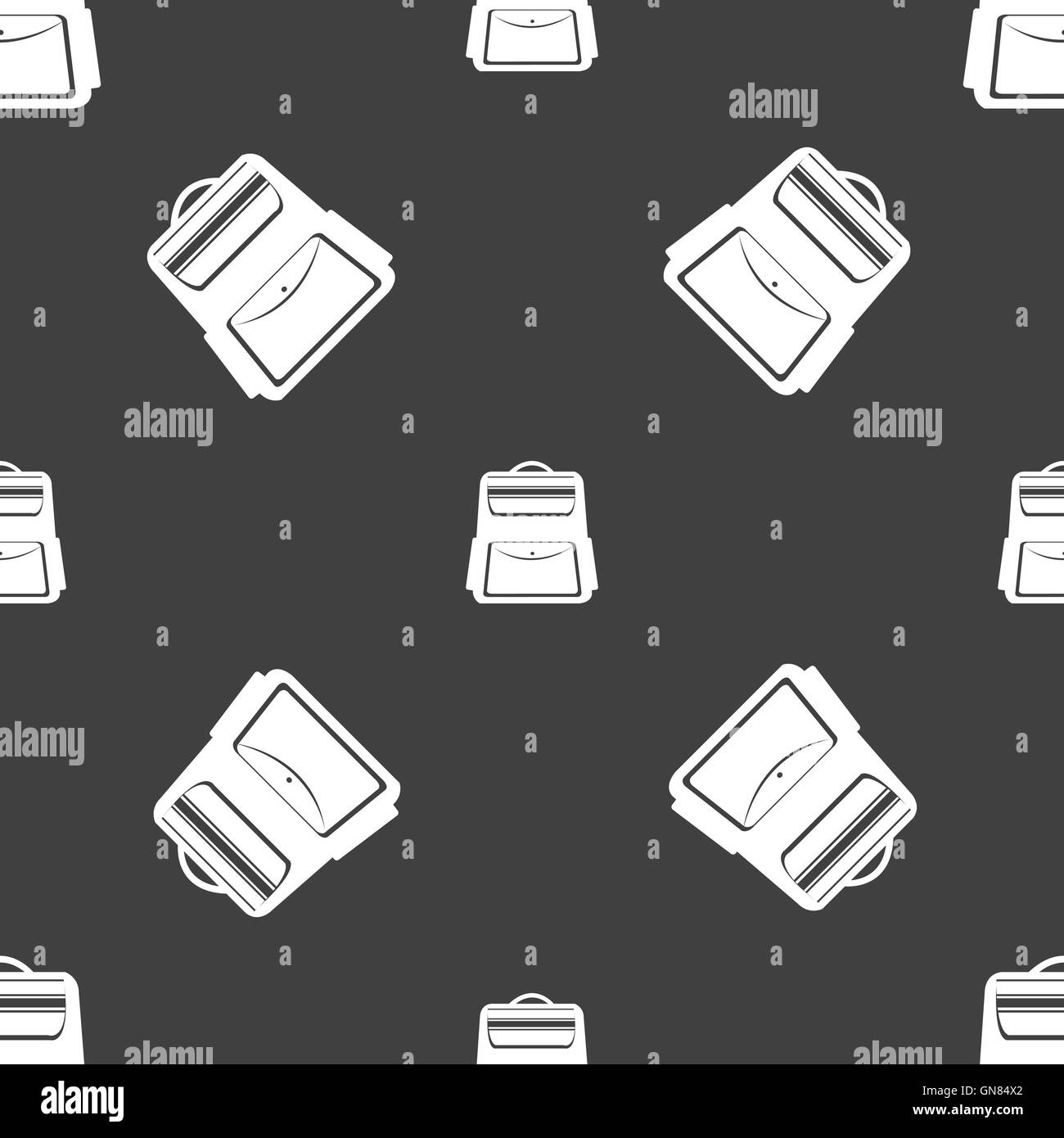 School Backpack icon sign. Seamless pattern on a gray background ...