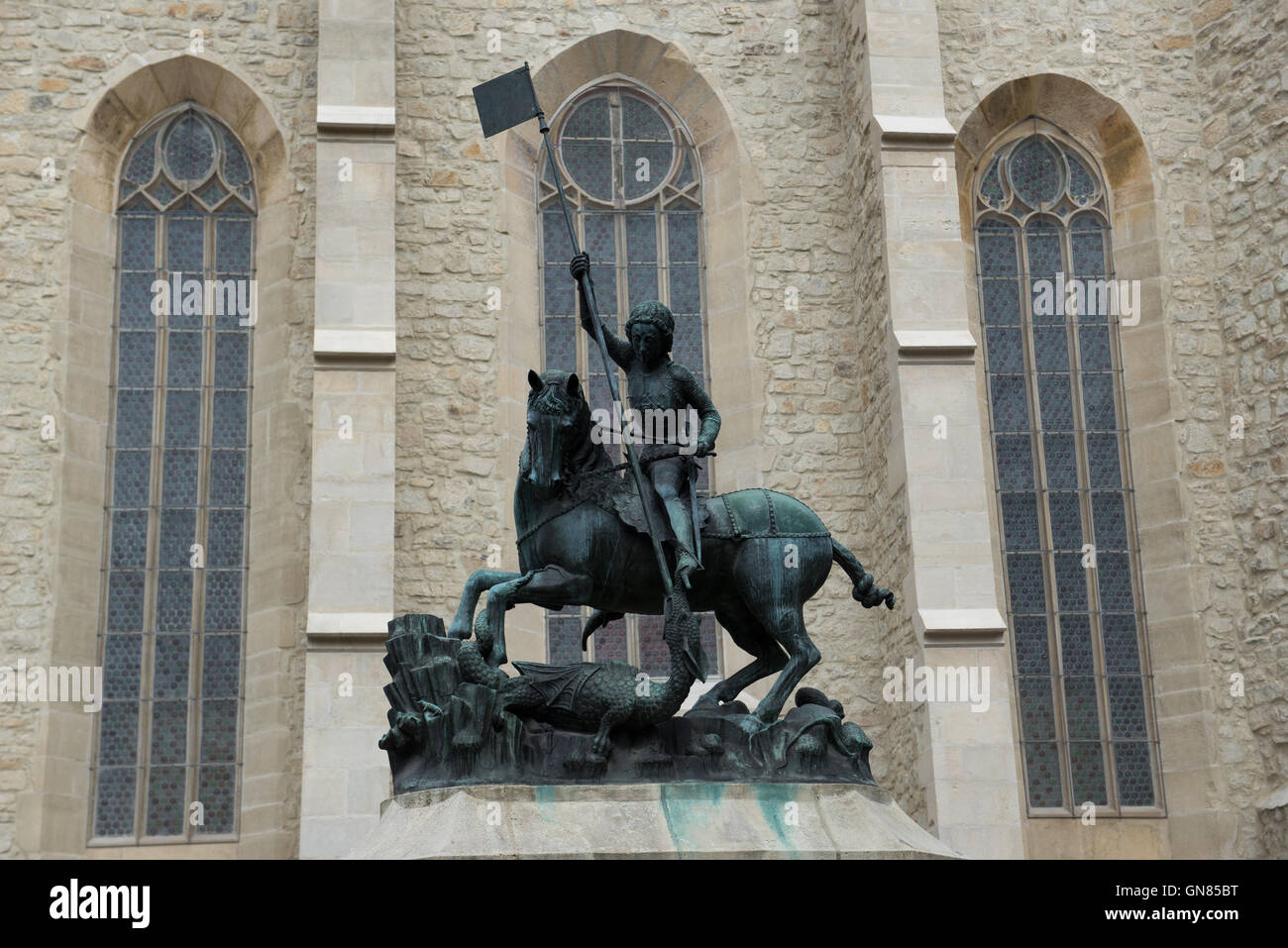 Statue of Saint George in front of Reformed Church Cluj-Napoca city in ...