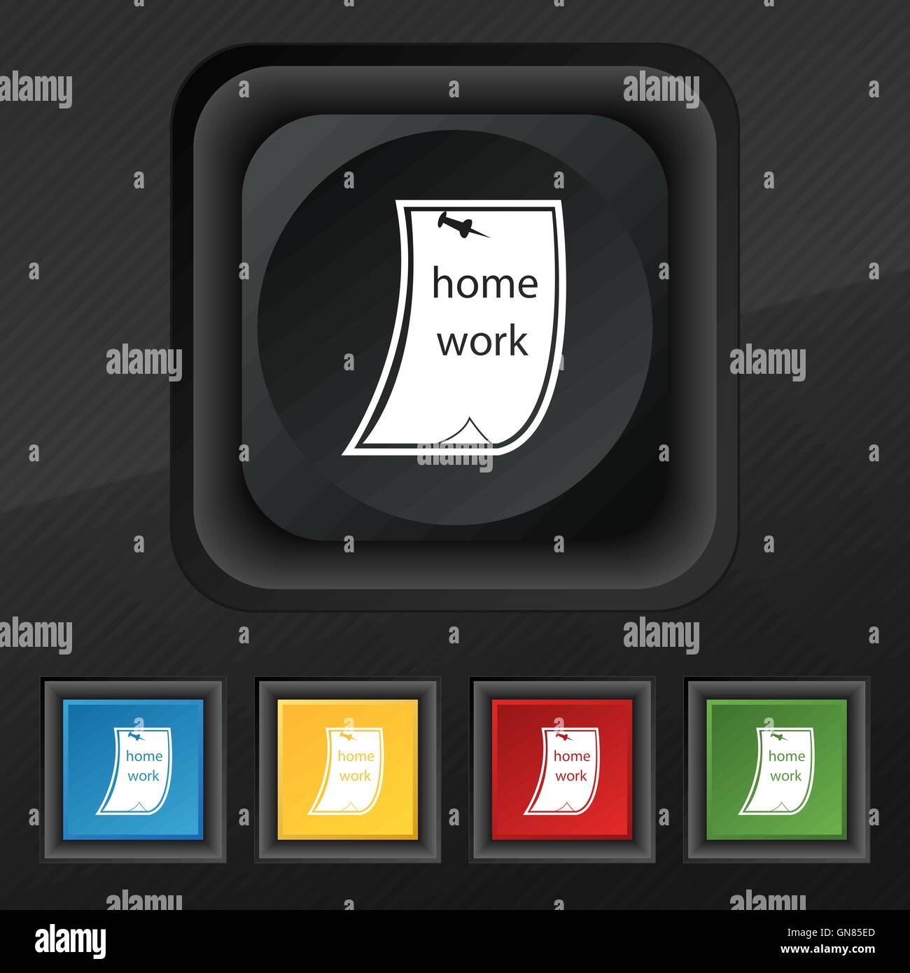 Homework icon symbol. Set of five colorful, stylish buttons on black ...