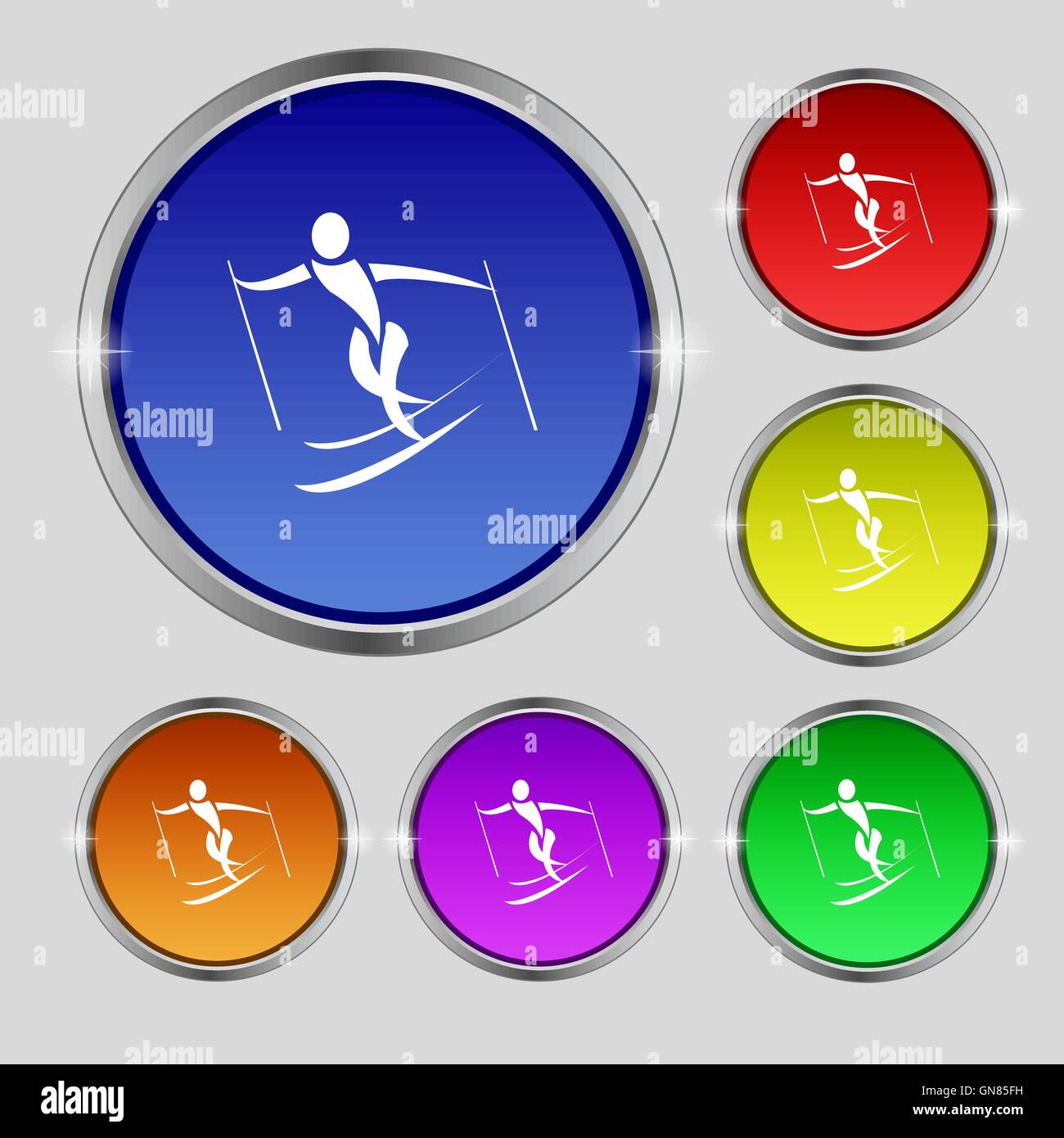 Skier icon sign. Round symbol on bright colourful buttons. Vector Stock ...