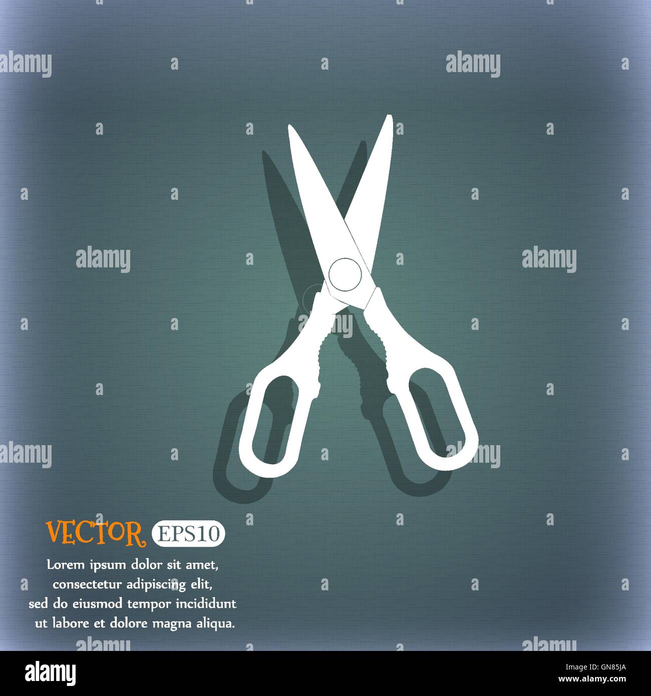 Scissors icon. On the blue-green abstract background with shadow and ...