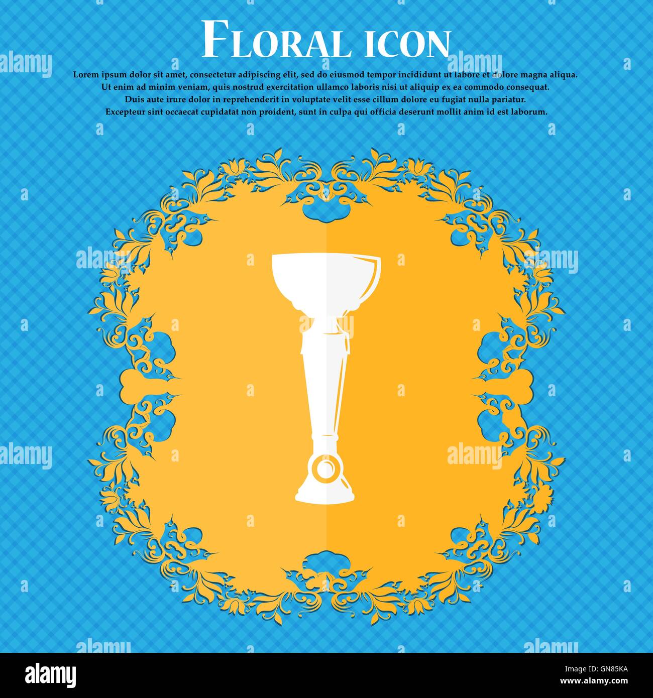 trophy icon. Floral flat design on a blue abstract background with ...