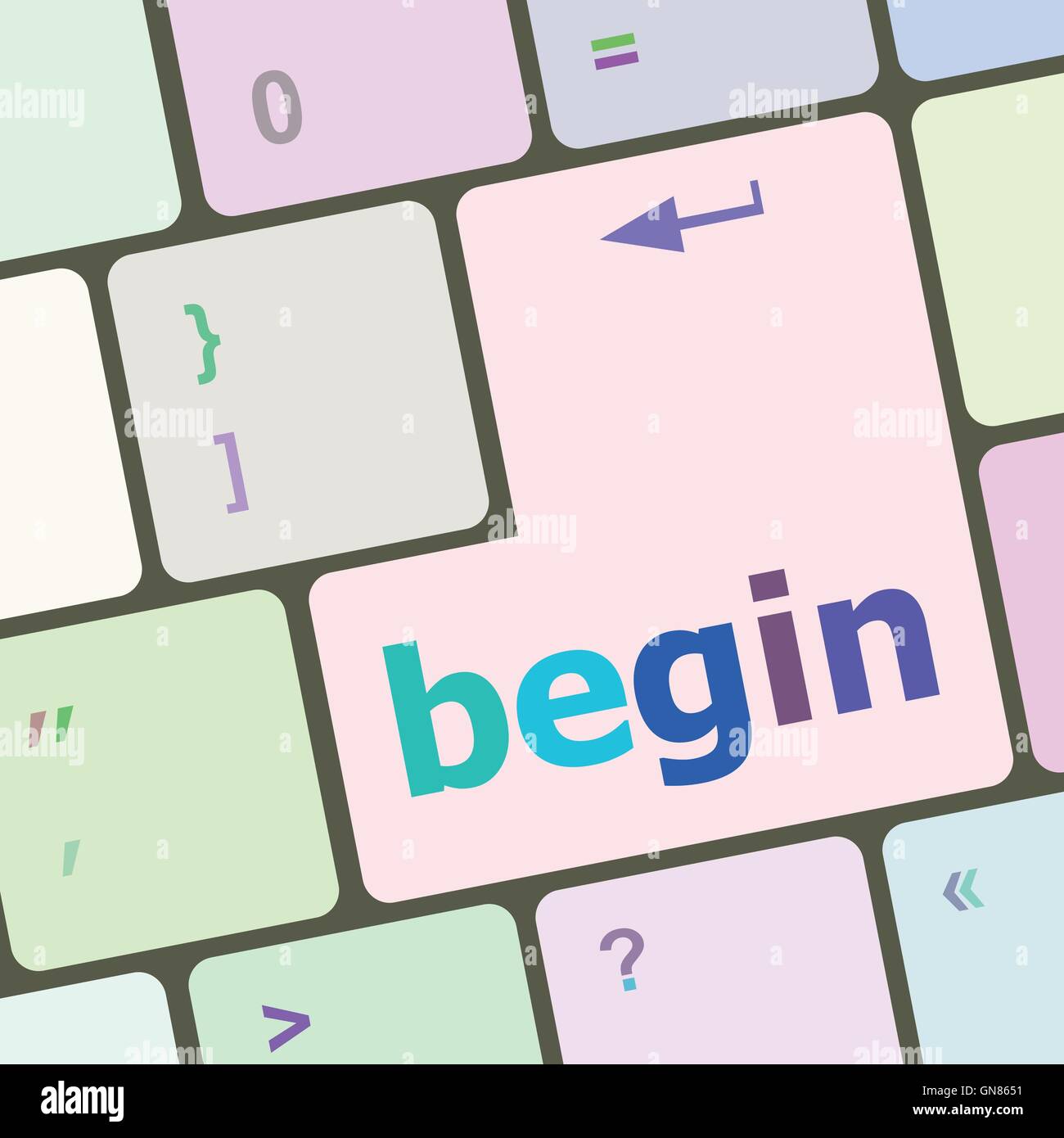 begin word on keyboard key, notebook computer button vector ...