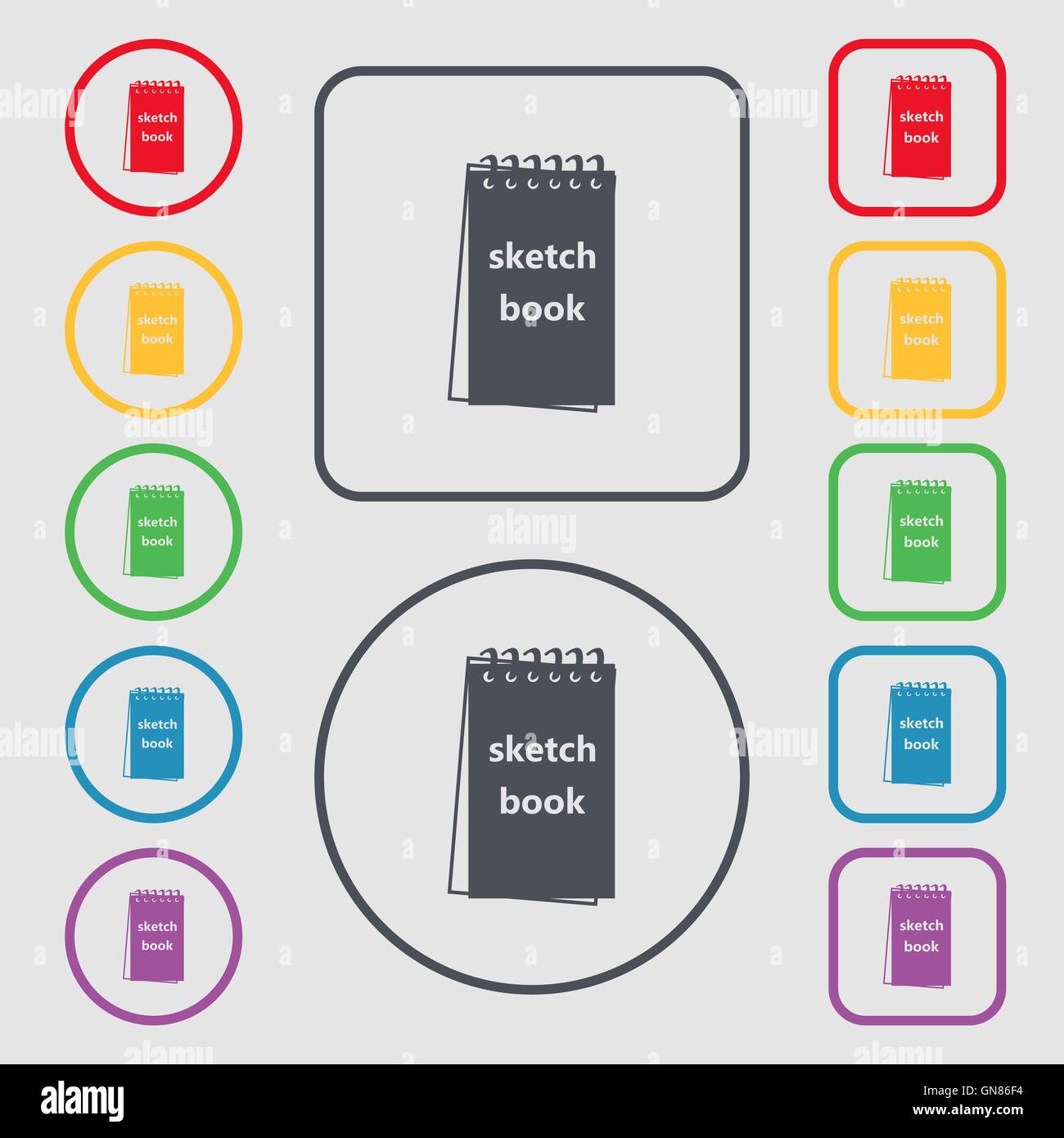 Sketchbook icon sign. symbol on the Round and square buttons with frame ...
