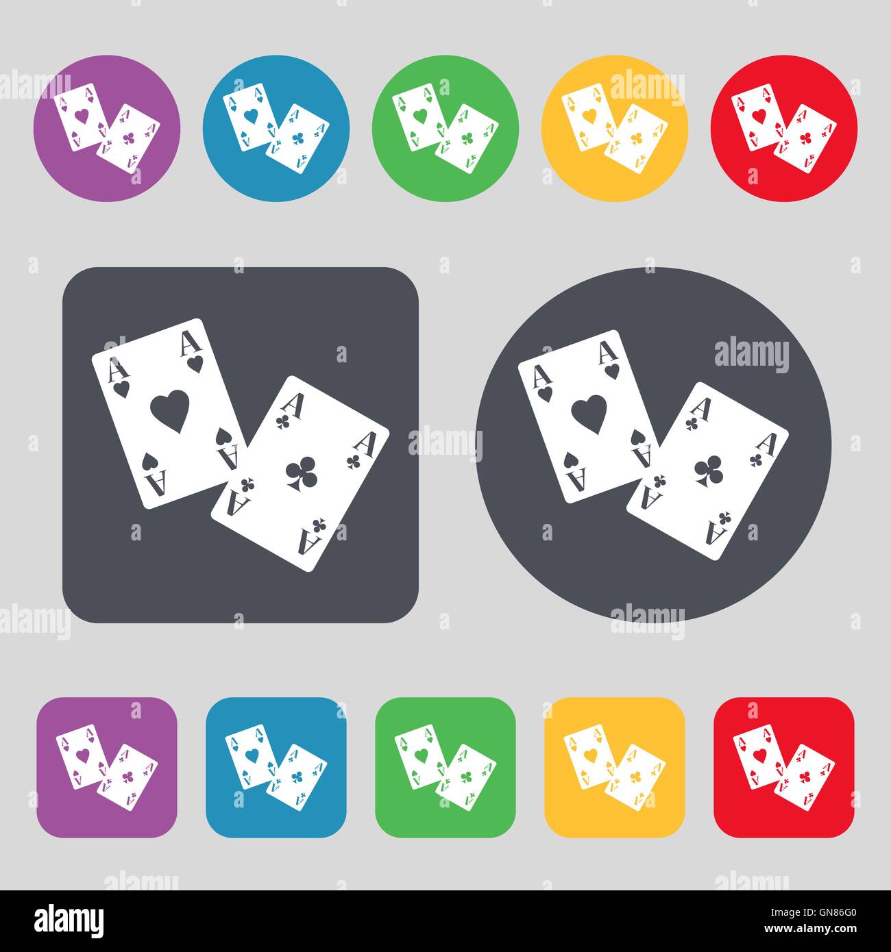 Two Aces icon sign. A set of 12 colored buttons. Flat design. Vector ...