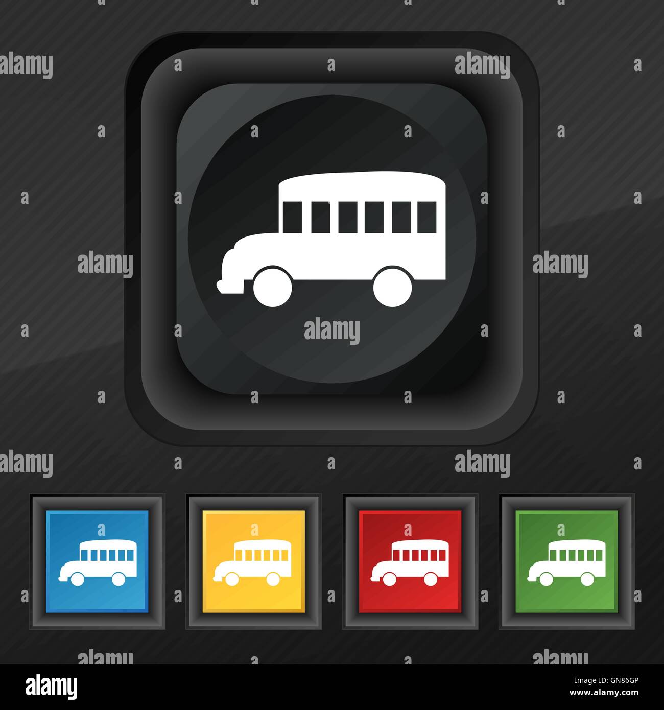 Bus icon symbol. Set of five colorful, stylish buttons on black texture ...