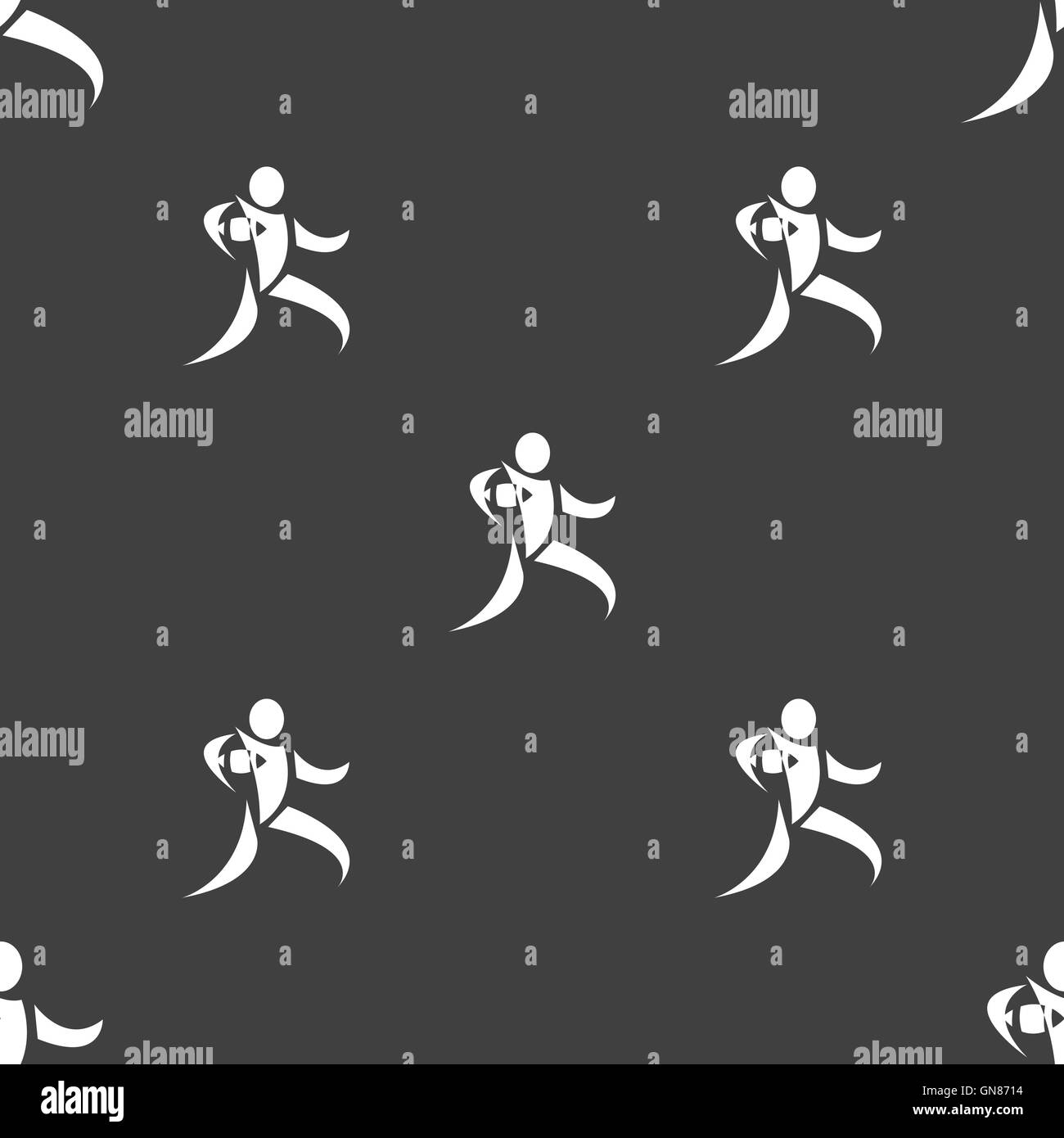 Rugby player running with ball icon sign. Seamless pattern on a gray ...