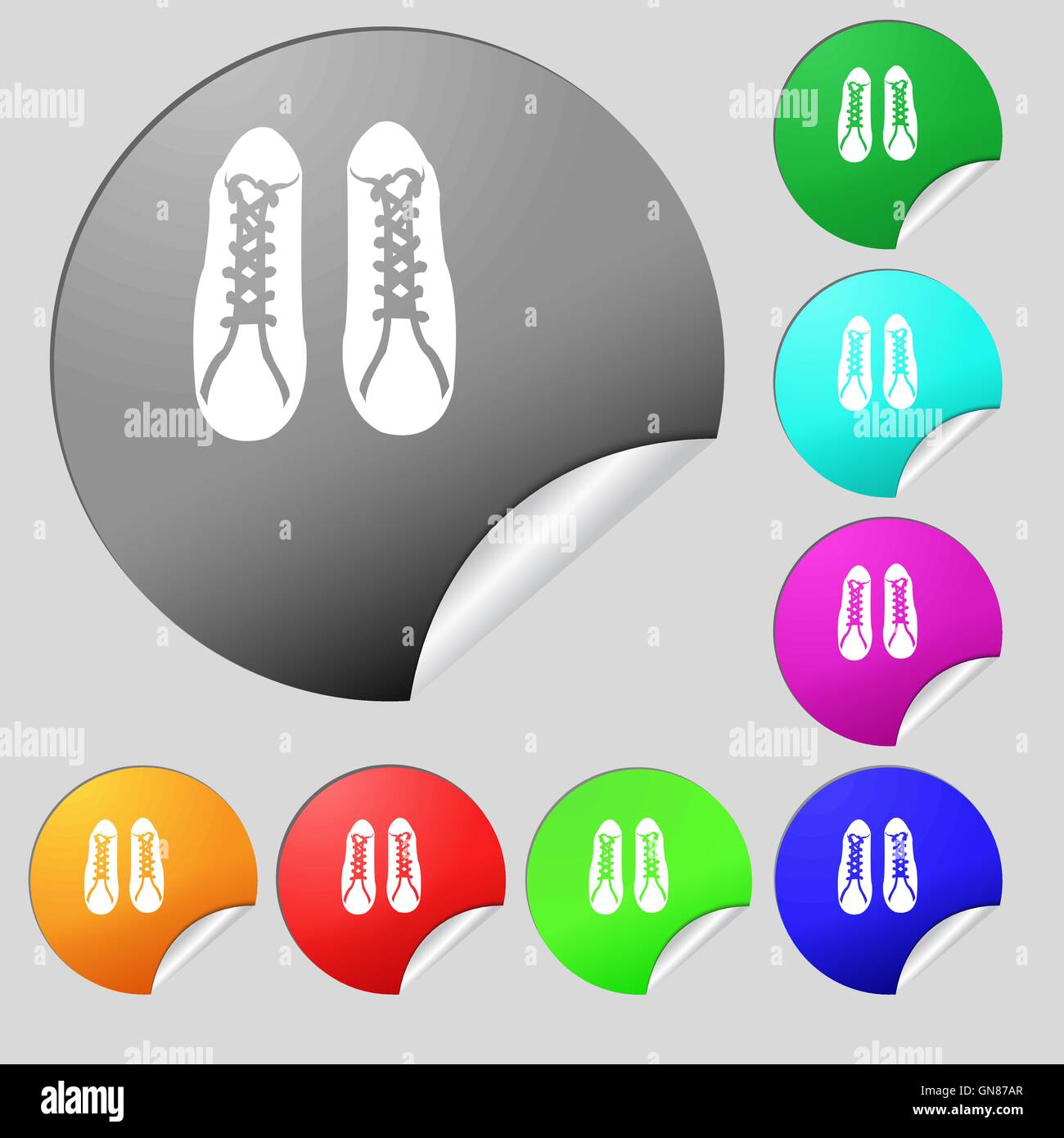 shoes icon sign. Set of eight multi colored round buttons, stickers ...