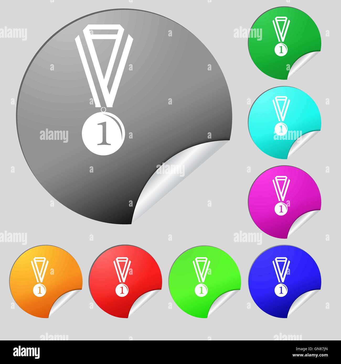 the medal for first place icon sign. Set of eight multi colored round ...