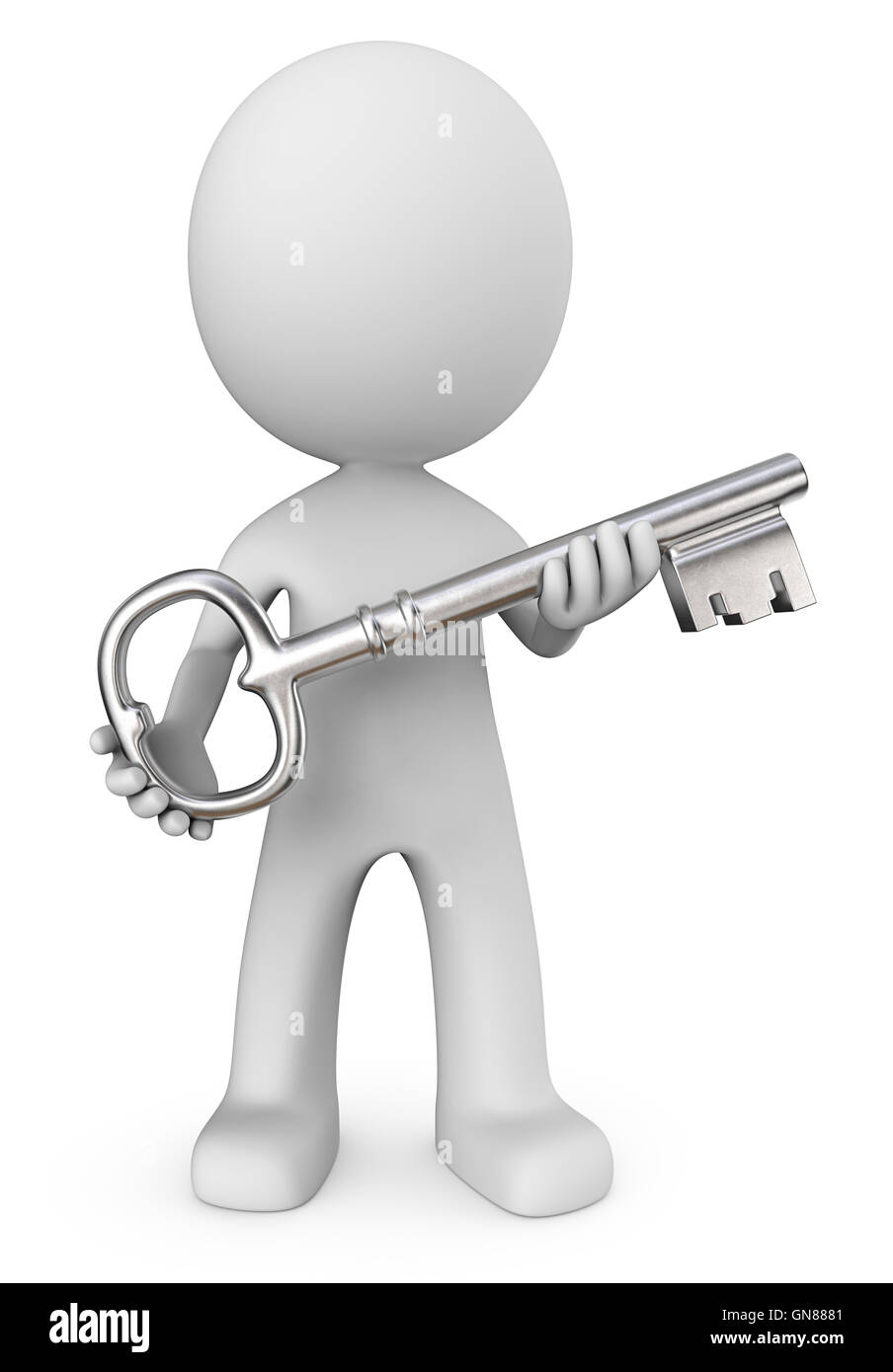 Dude 3D character holding Large Metal Key. Front view Stock Photo - Alamy