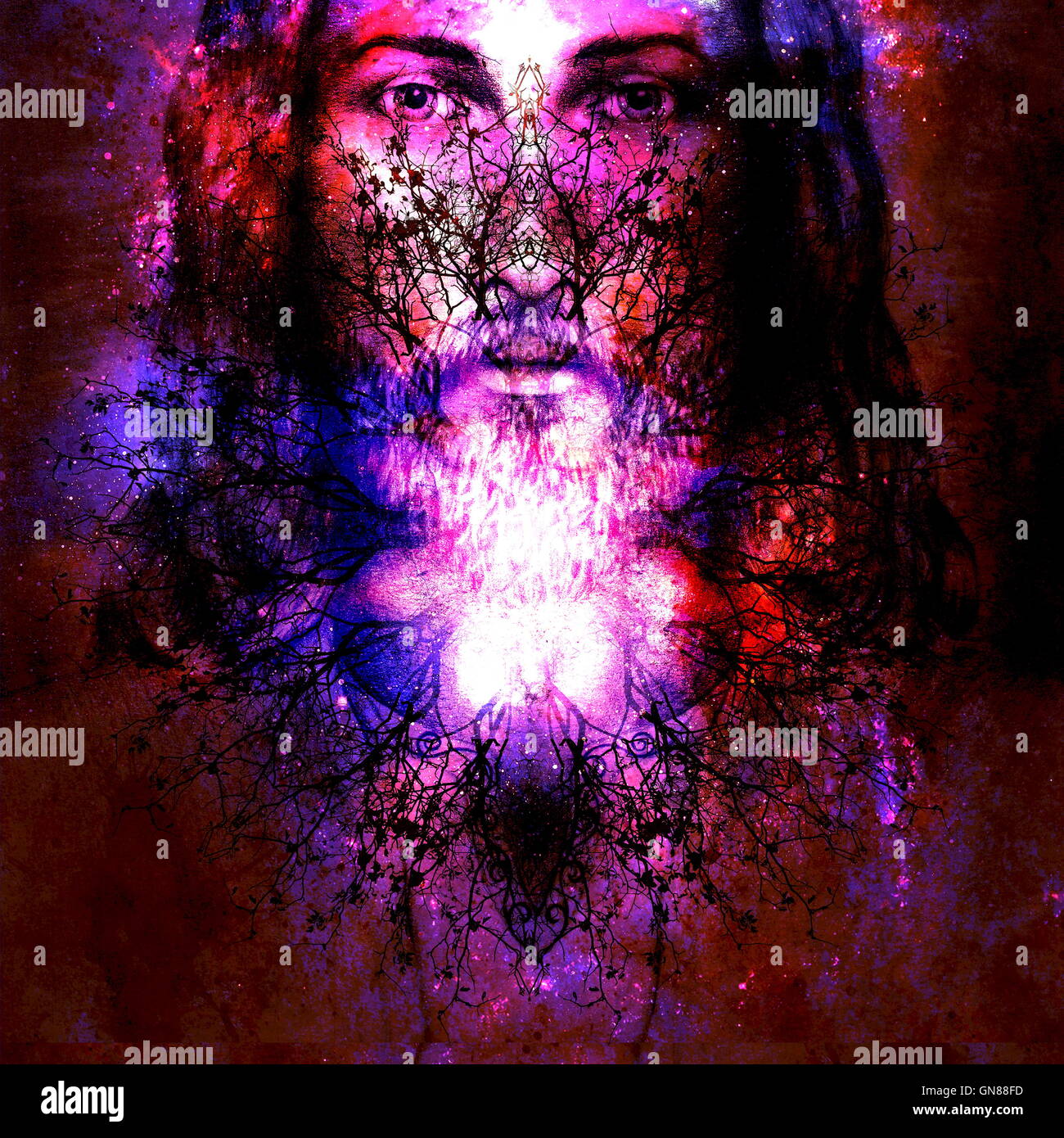 Jesus Christ painting with ornament tree symbolising life, in co Stock ...