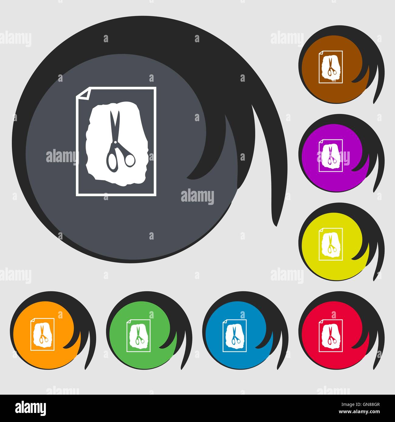 rock, scissors, paper poster icon. Symbols on eight colored buttons ...