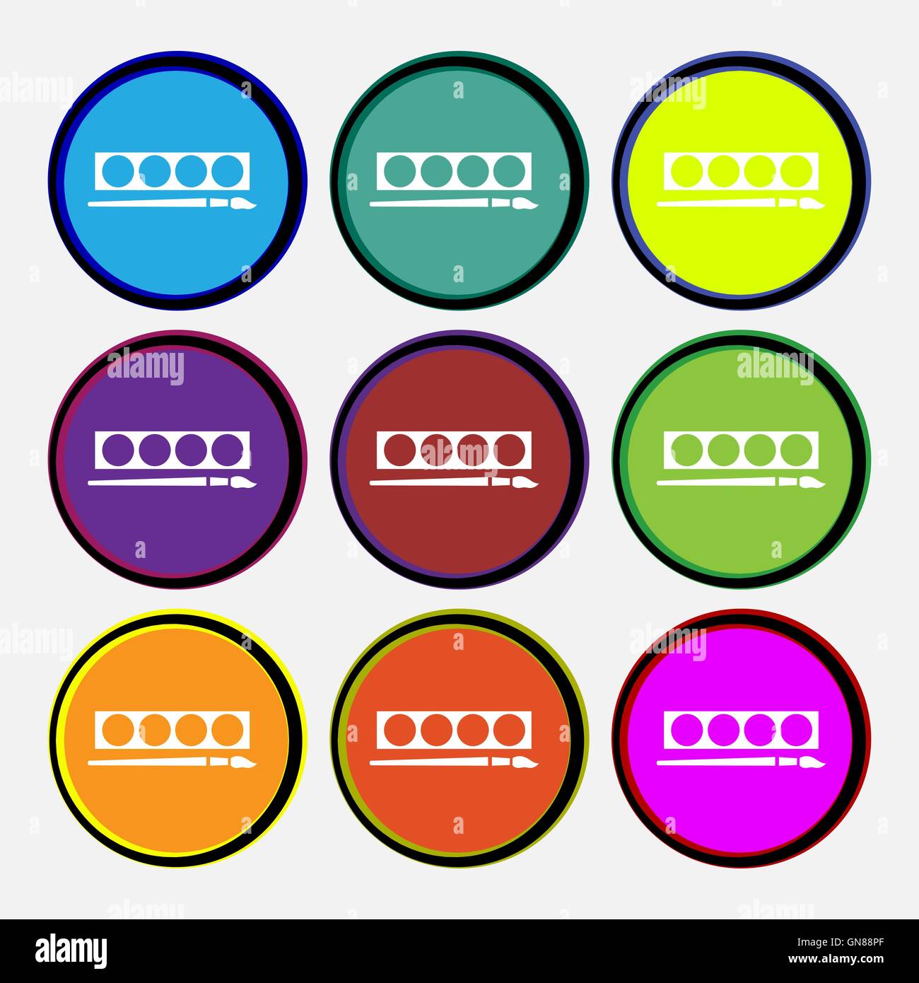 Paint brush with palette icon sign. Nine multi colored round buttons ...