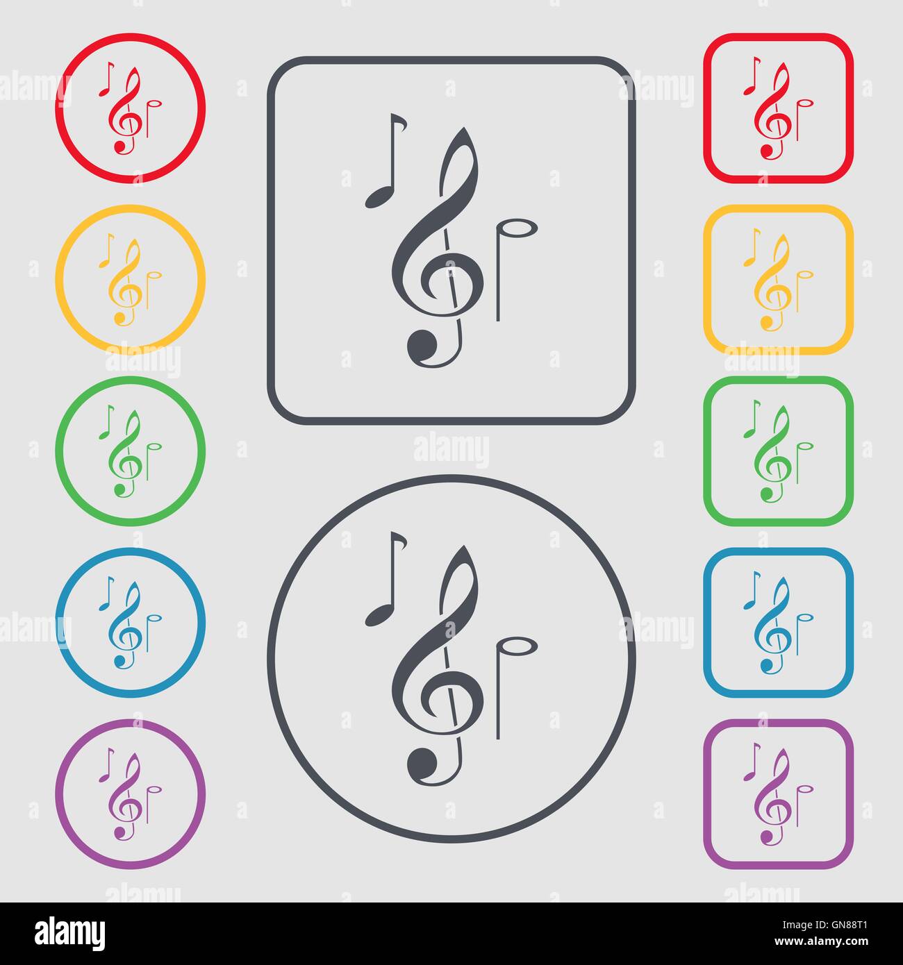 musical notes icon sign. symbol on the Round and square buttons with ...