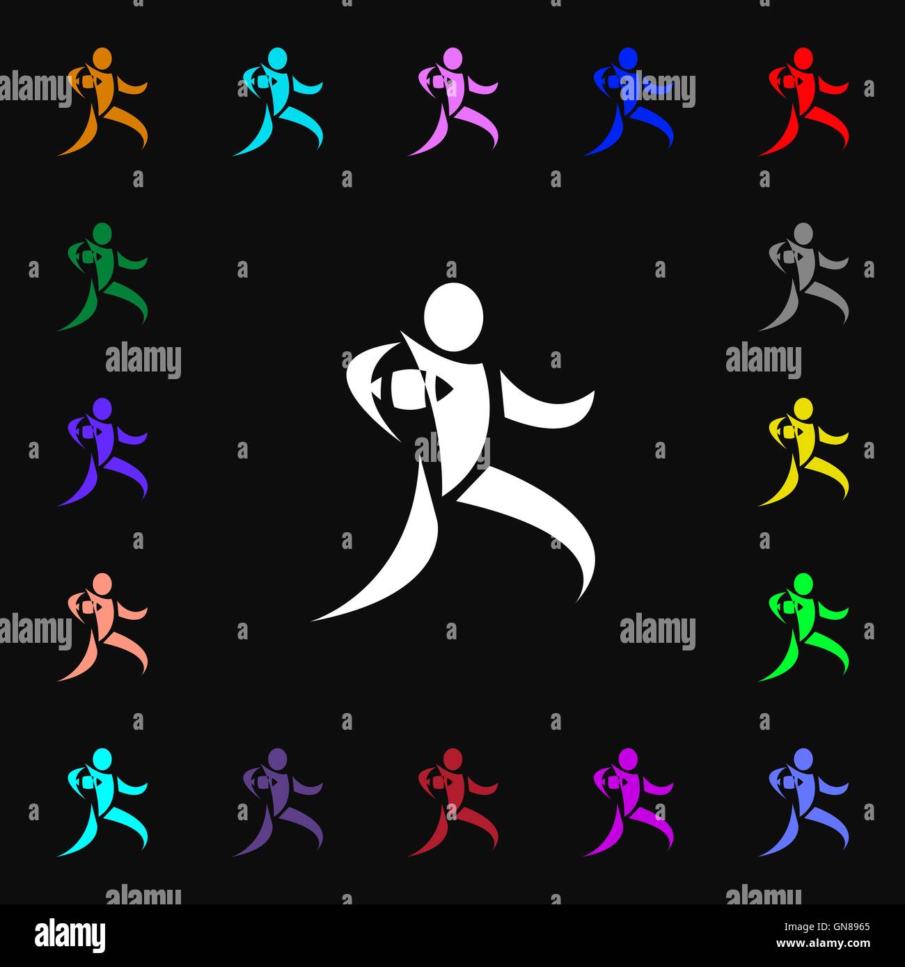 Rugby player running with ball icon sign. Lots of colorful symbols for ...