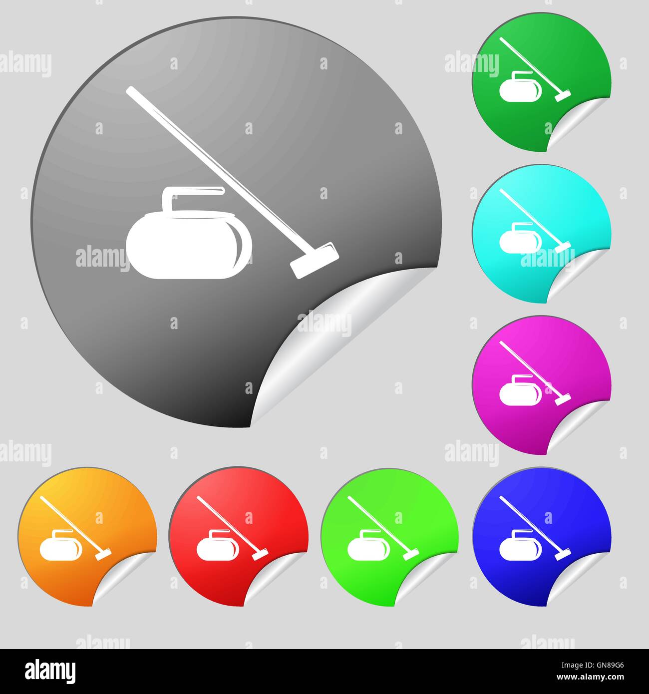 The stone for curling icon sign. Set of eight multi colored round ...