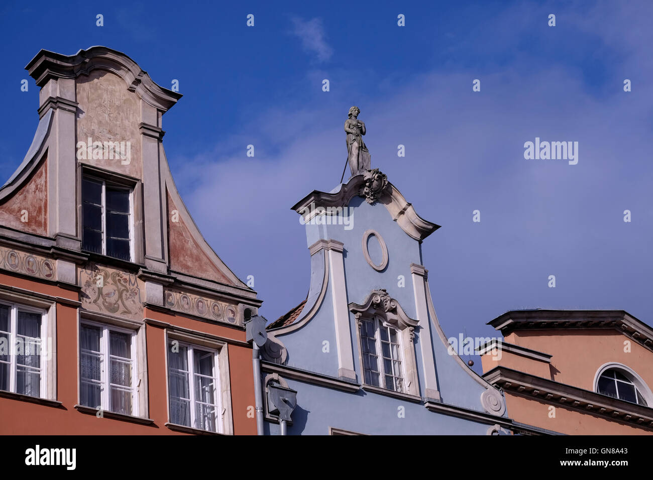 Decorated buildings at Long Market Street in the old town of Gdansk ...