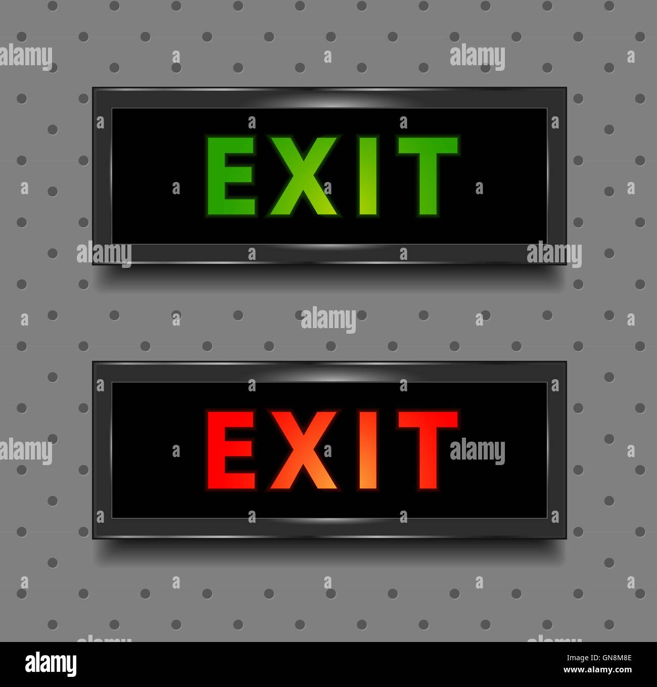 Exit sign in red and green. Isolated illustration. Vector. Grey ...