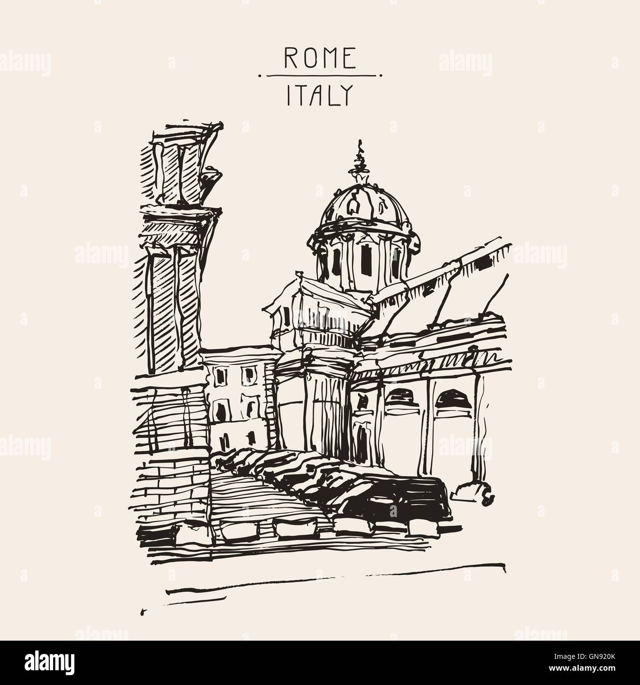 sketch hand drawing of Rome Italy famous cityscape, travel card Stock ...