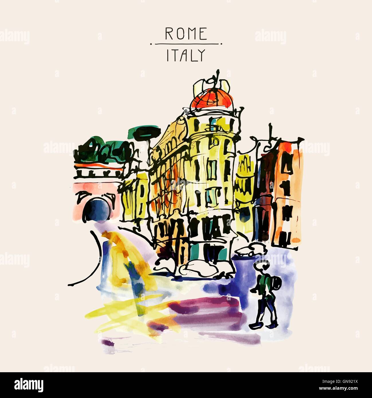 original watercolor sketch hand drawing of Rome Italy famous cit Stock ...