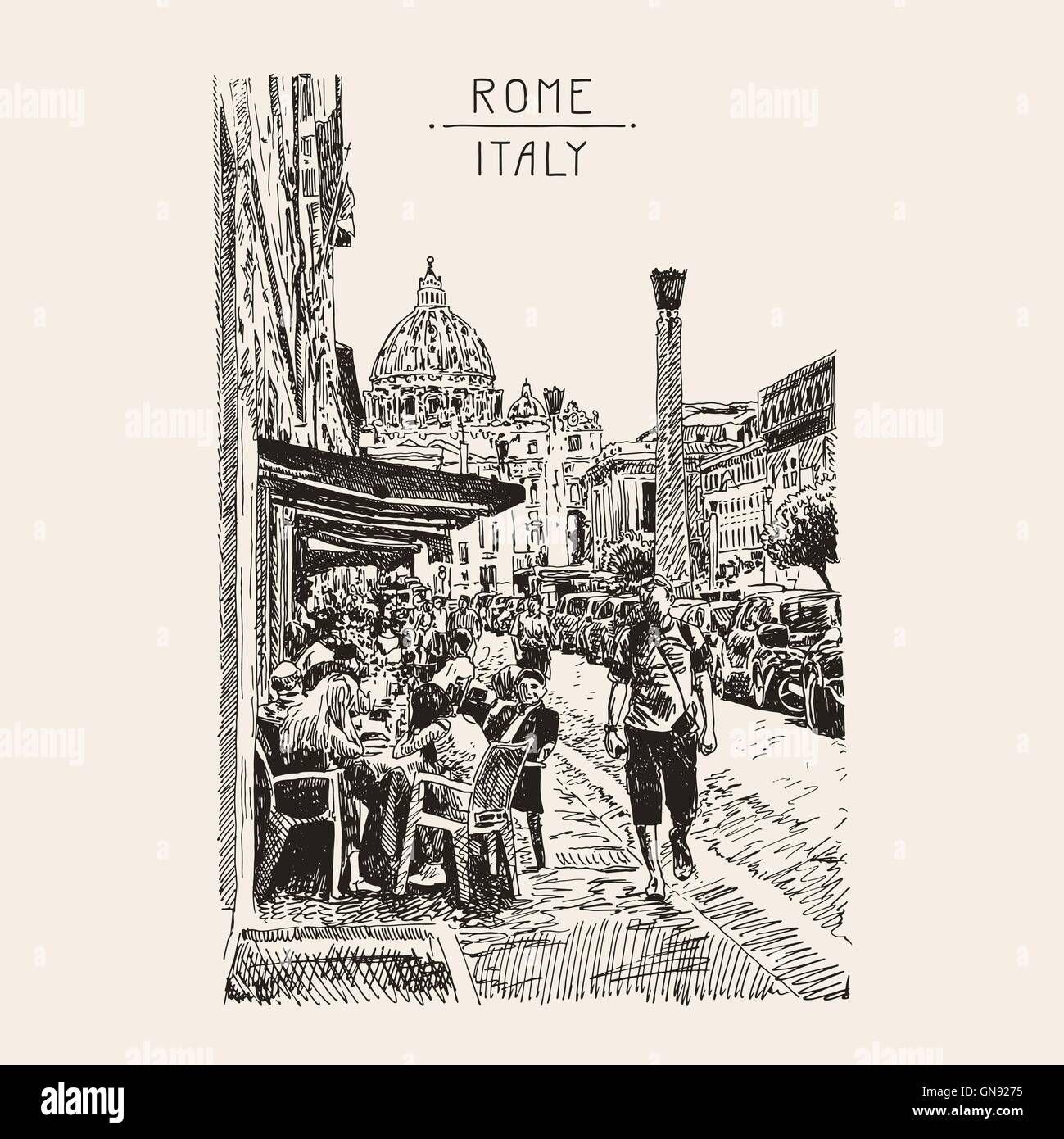 original sketch hand drawing of Rome Italy famous cityscape, tra Stock ...