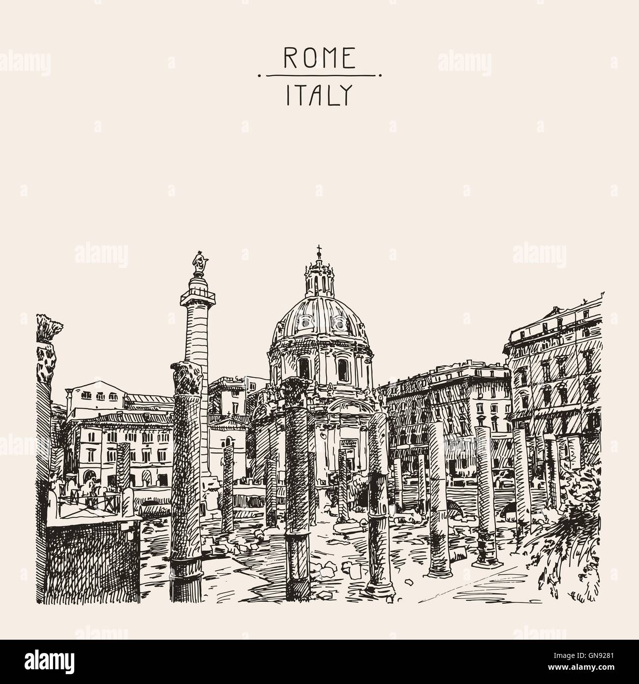 original sketch hand drawing of Rome Italy famous cityscape, tra Stock ...