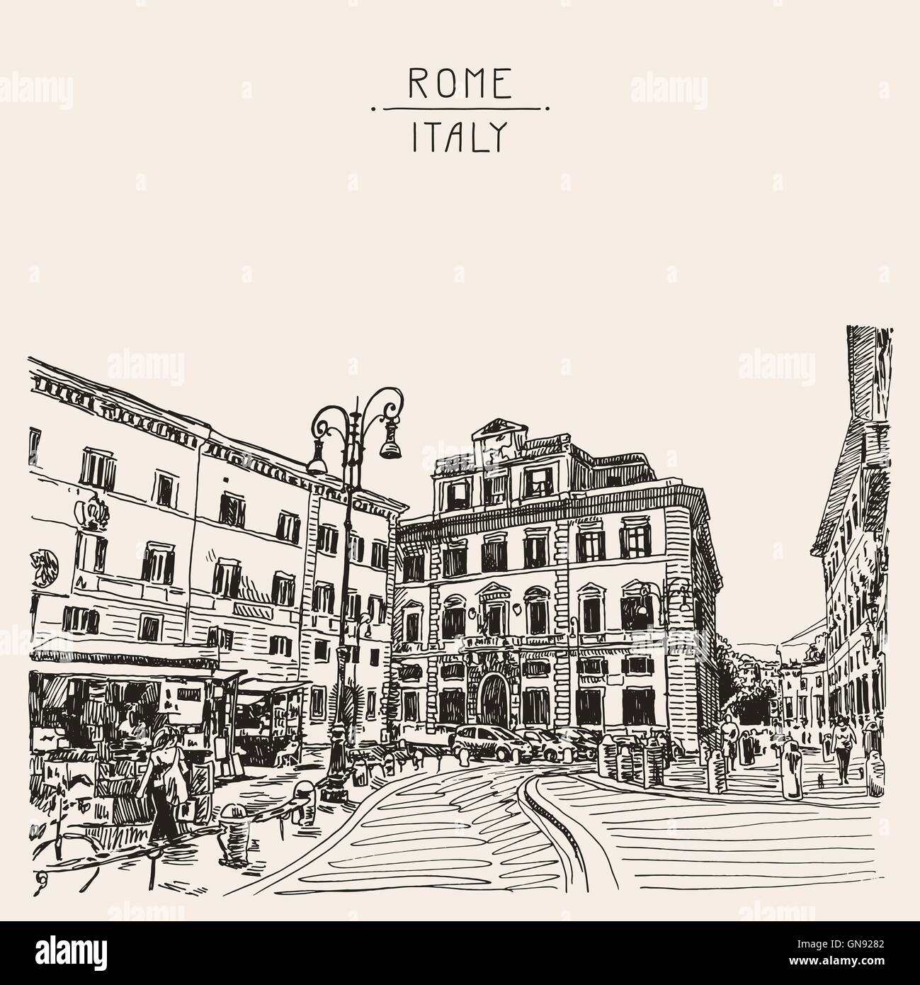 original sketch hand drawing of Rome Italy famous cityscape, tra Stock ...