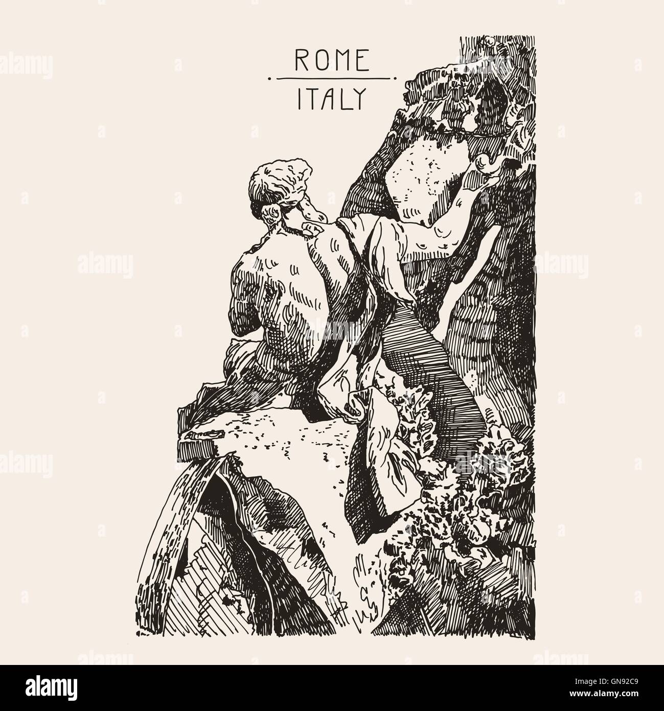 sketch hand drawing of marble sculpture in Piazza Navona, Founta Stock ...