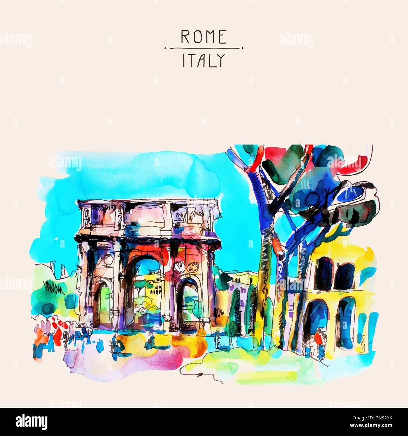 original freehand watercolor travel card from Rome Italy, old it Stock ...