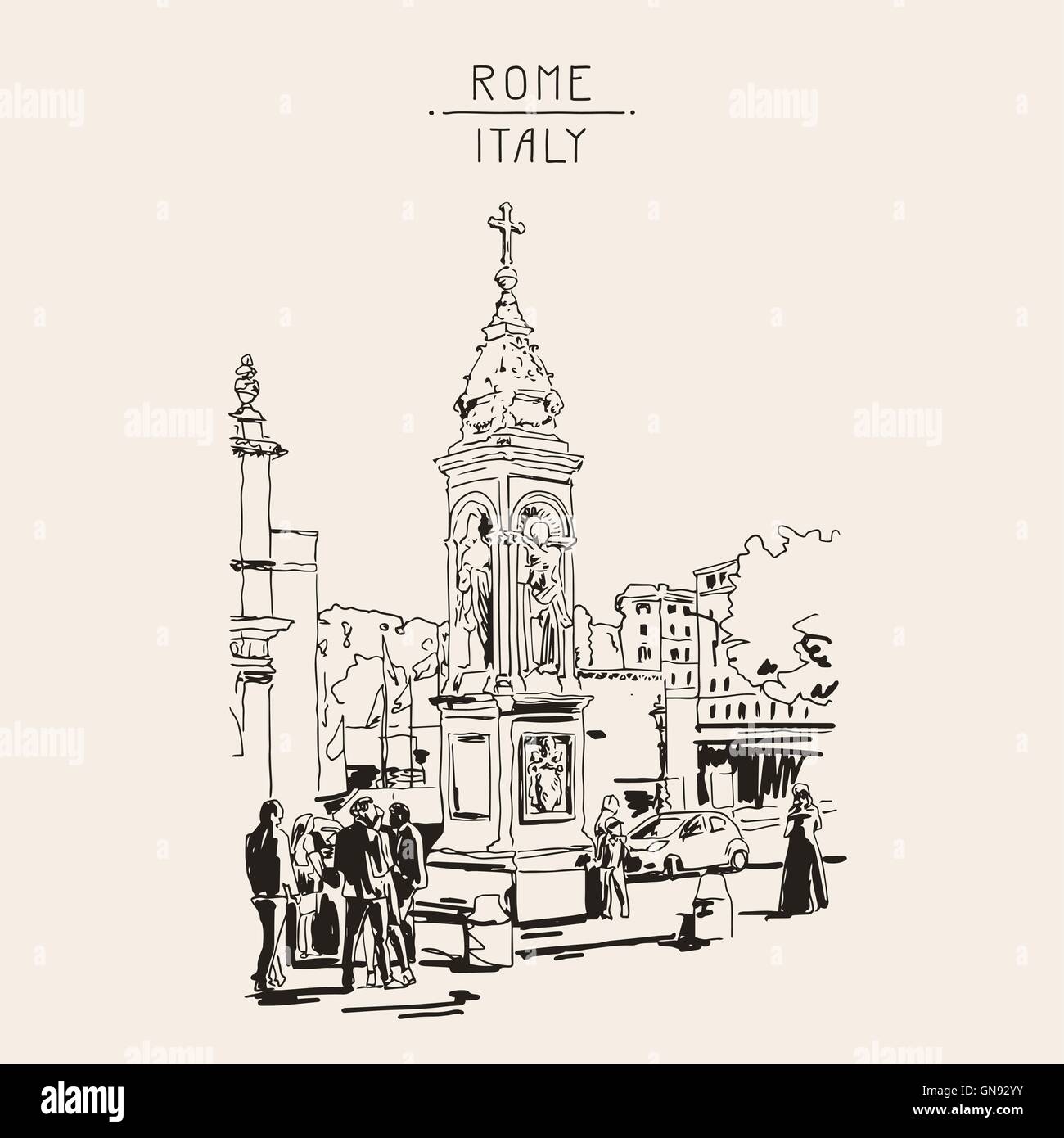 original freehand drawing travel card from Rome Italy, old itali Stock ...