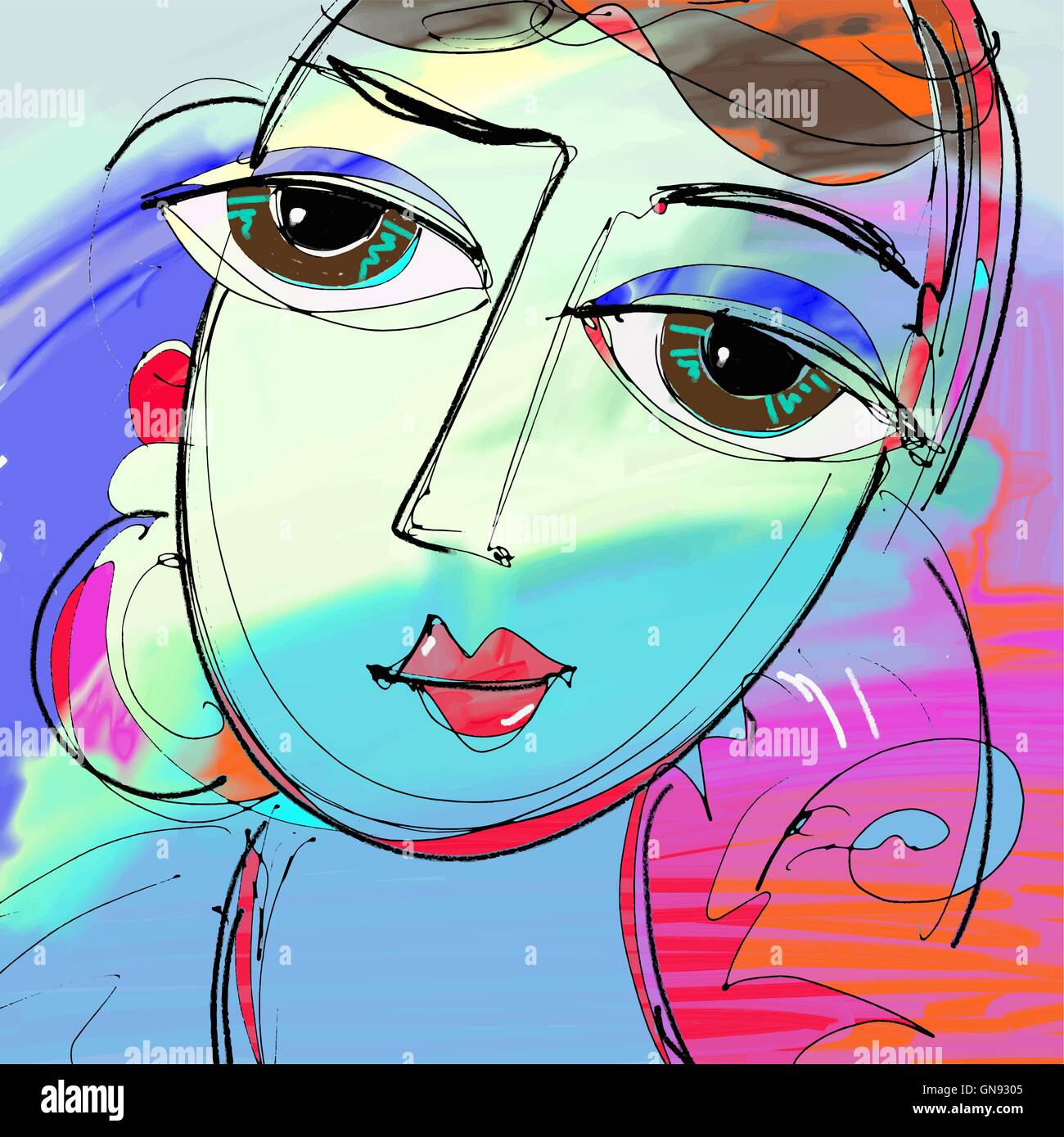 beautiful women digital painting, abstract portrait of girl with Stock ...