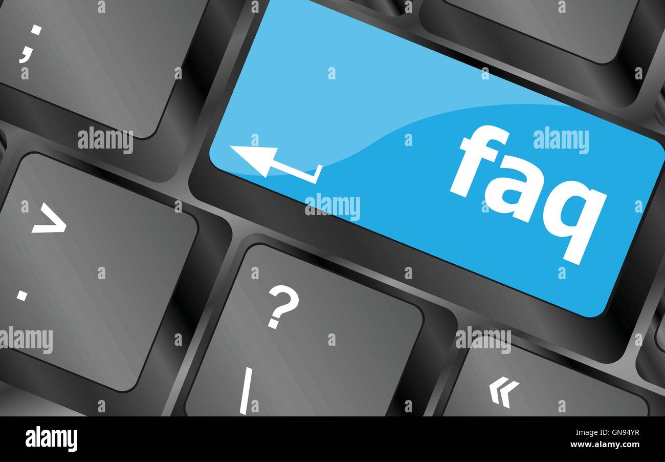 Computer keyboard key with key FAQ, closeup. Keyboard keys icon button ...