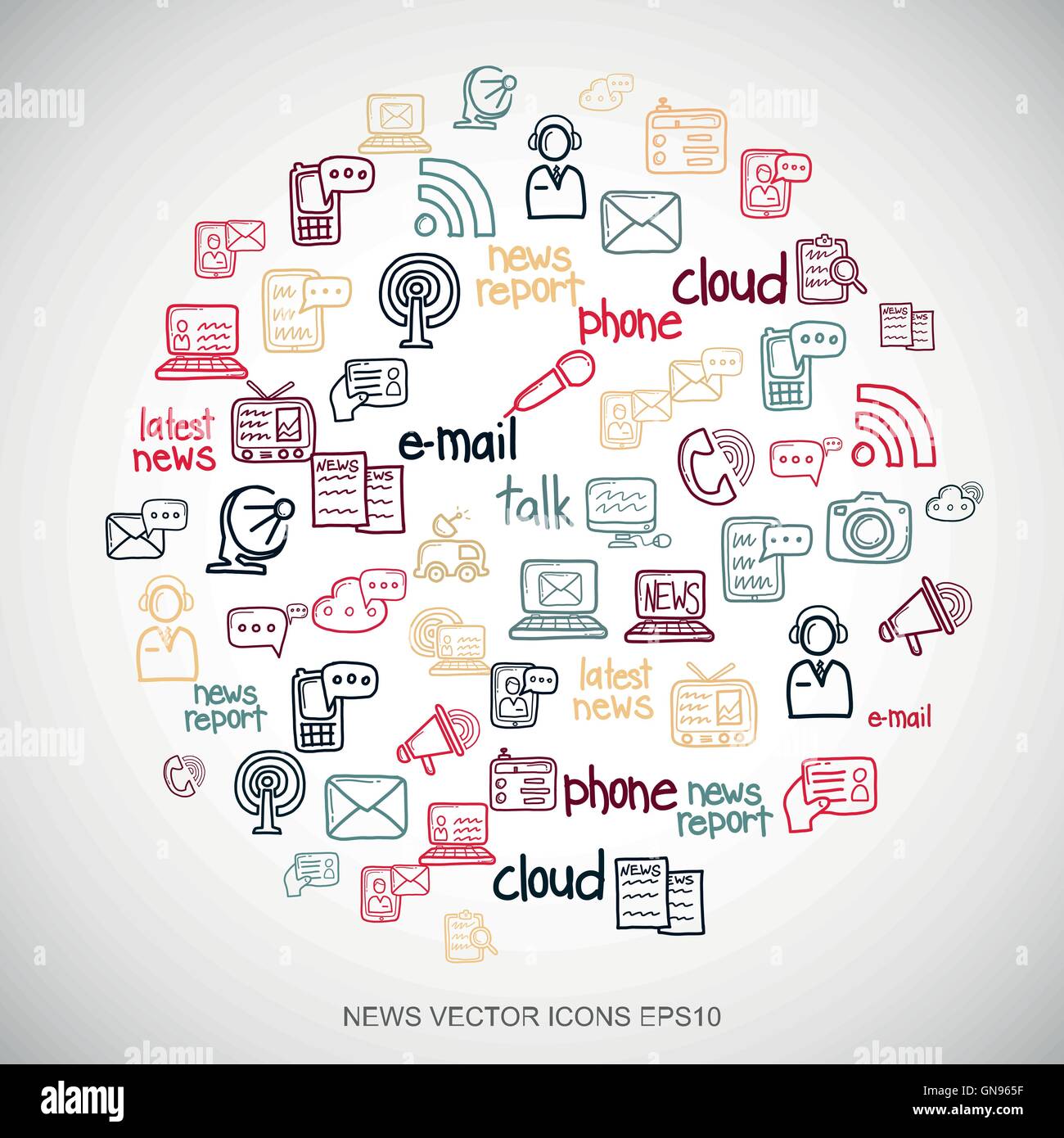 Multicolor doodles Hand Drawn News Icons set on White. EPS10 vector ...