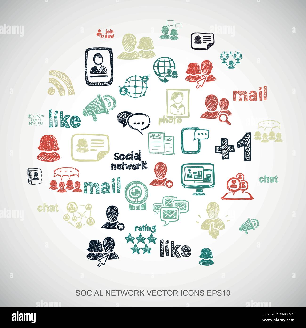 Multicolor doodles Hand Drawn Social Network Icons set on White. EPS10 ...