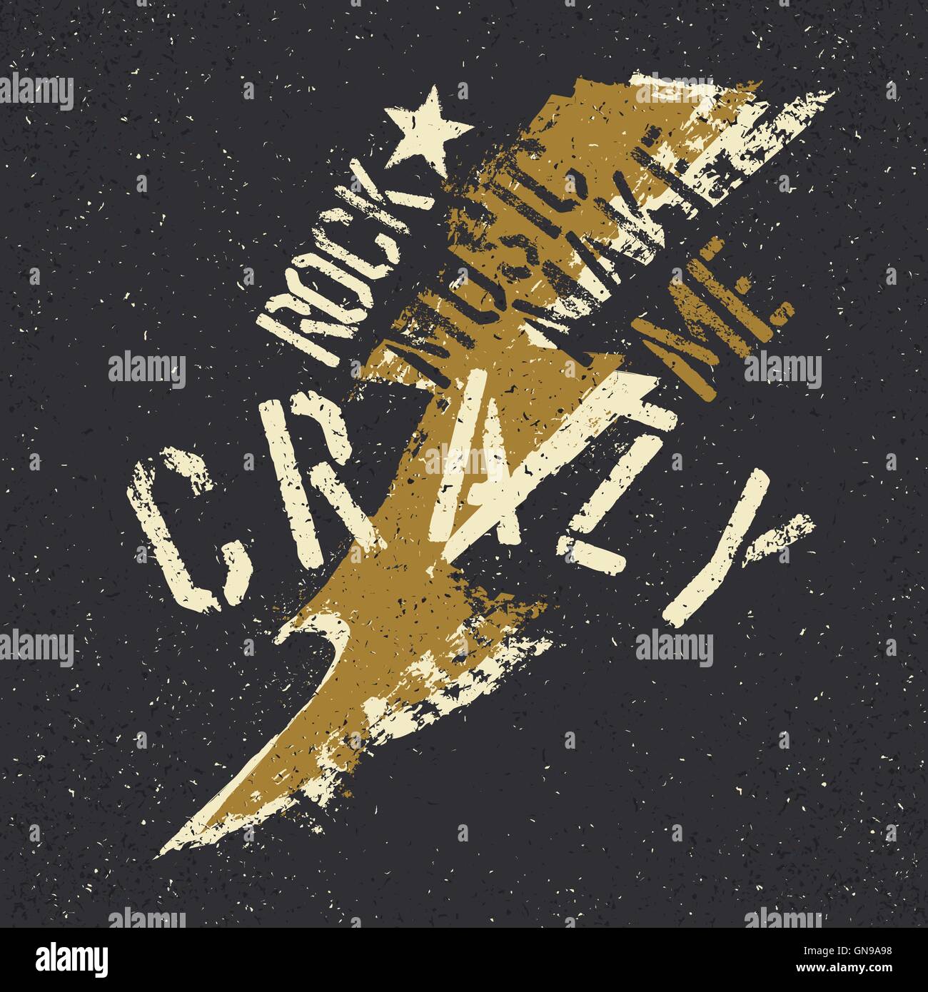 Rock music make me crazy. Grunge lettering with thunderbolt and Stock ...