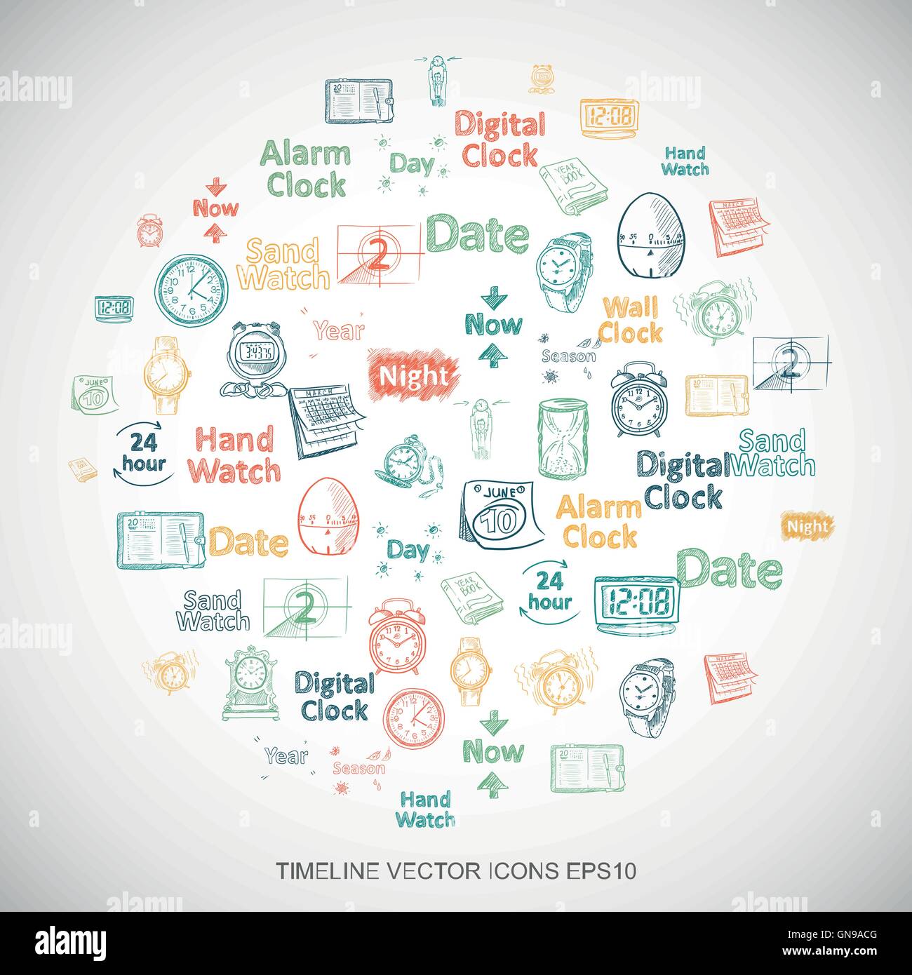 Time Multicolor doodles Hand Drawing Time Icons set on White. EPS10 ...