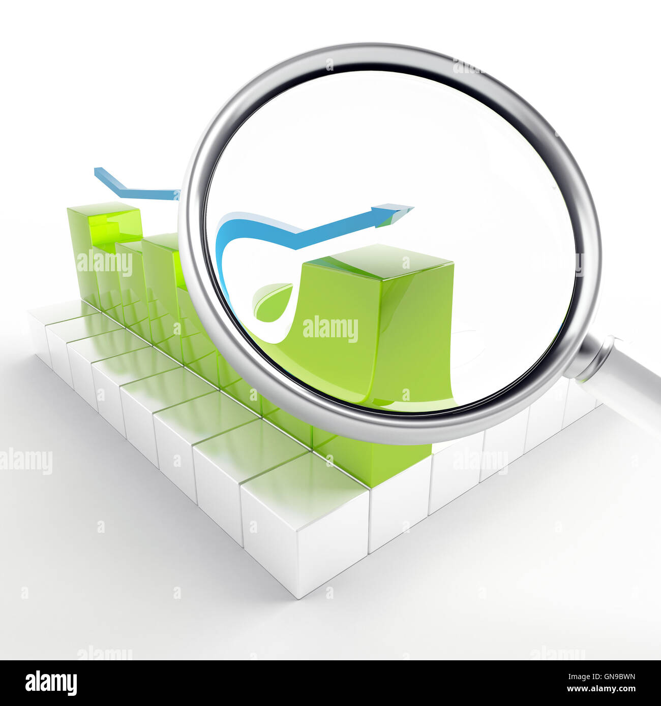 Columns and arrow under magnifier glass Stock Photo - Alamy