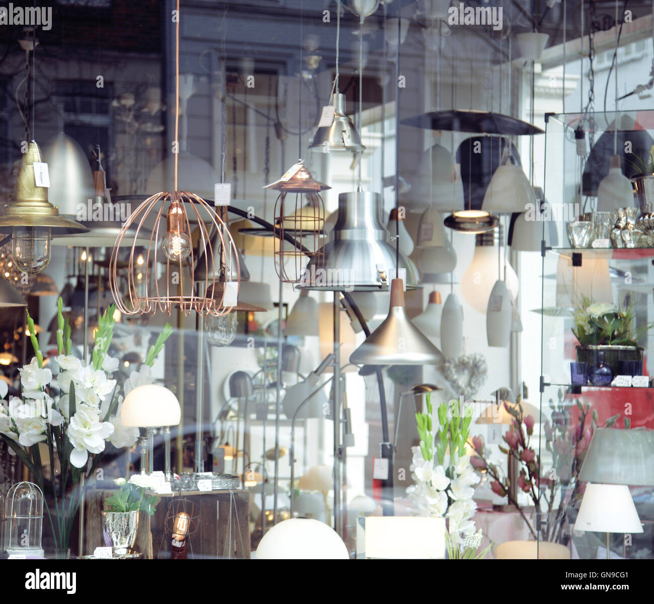 electric- light store. chandelier interior window Stock Photo - Alamy