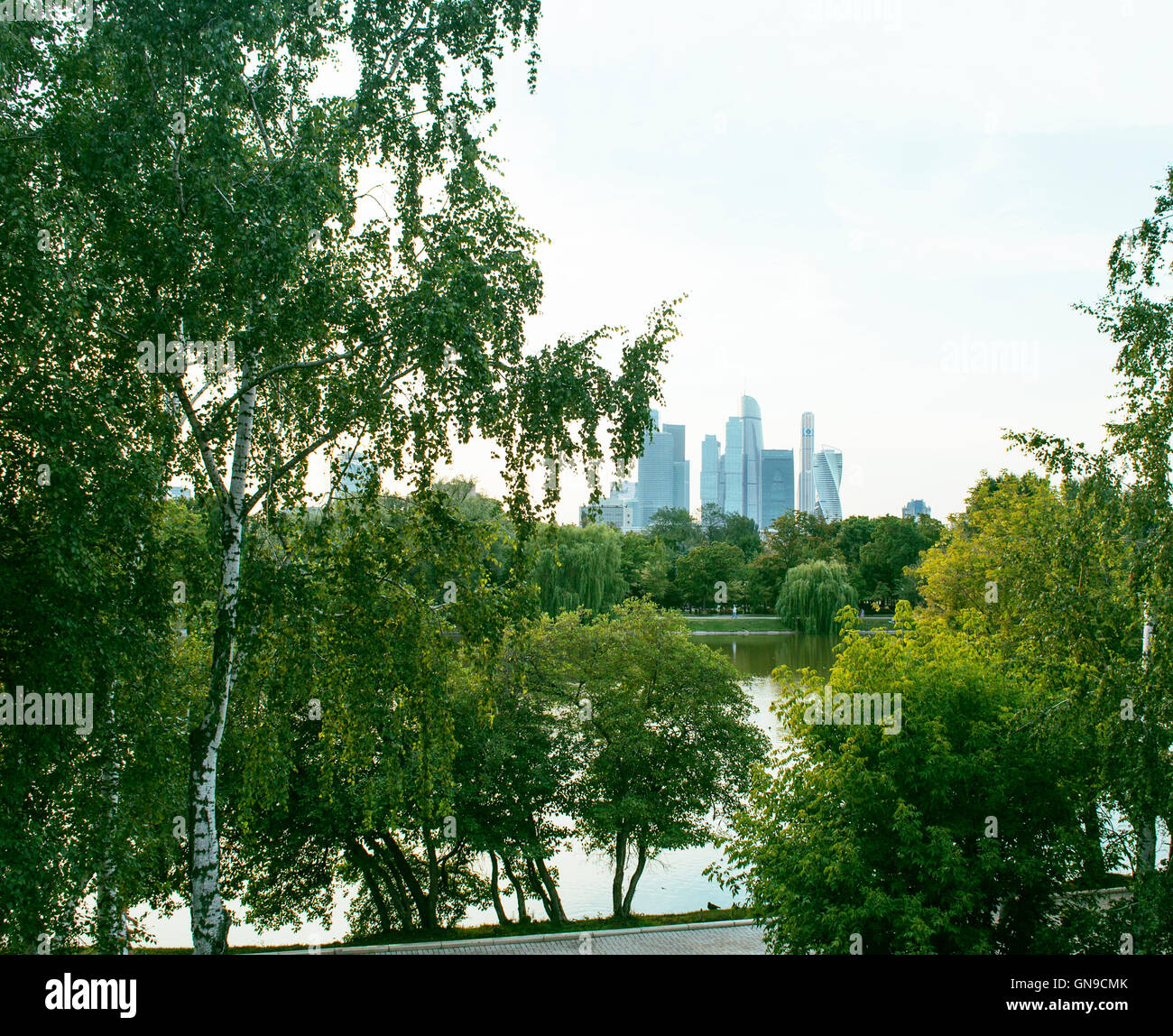 green park at spring season in Moscow city financial centre, modern ...
