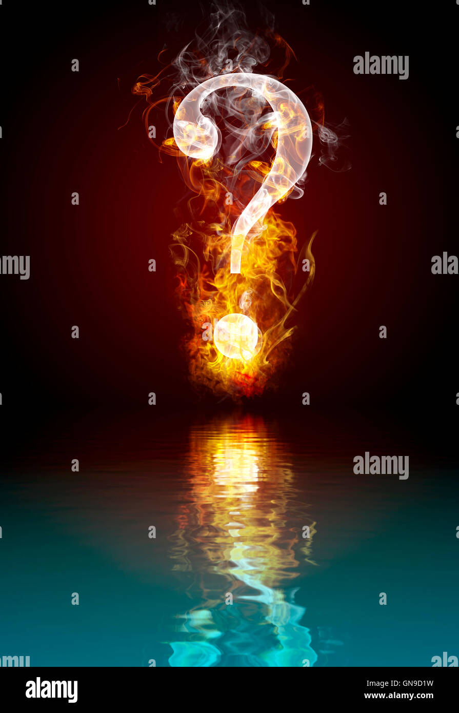 Question symbol burning, fire with reflection in water Stock Photo - Alamy
