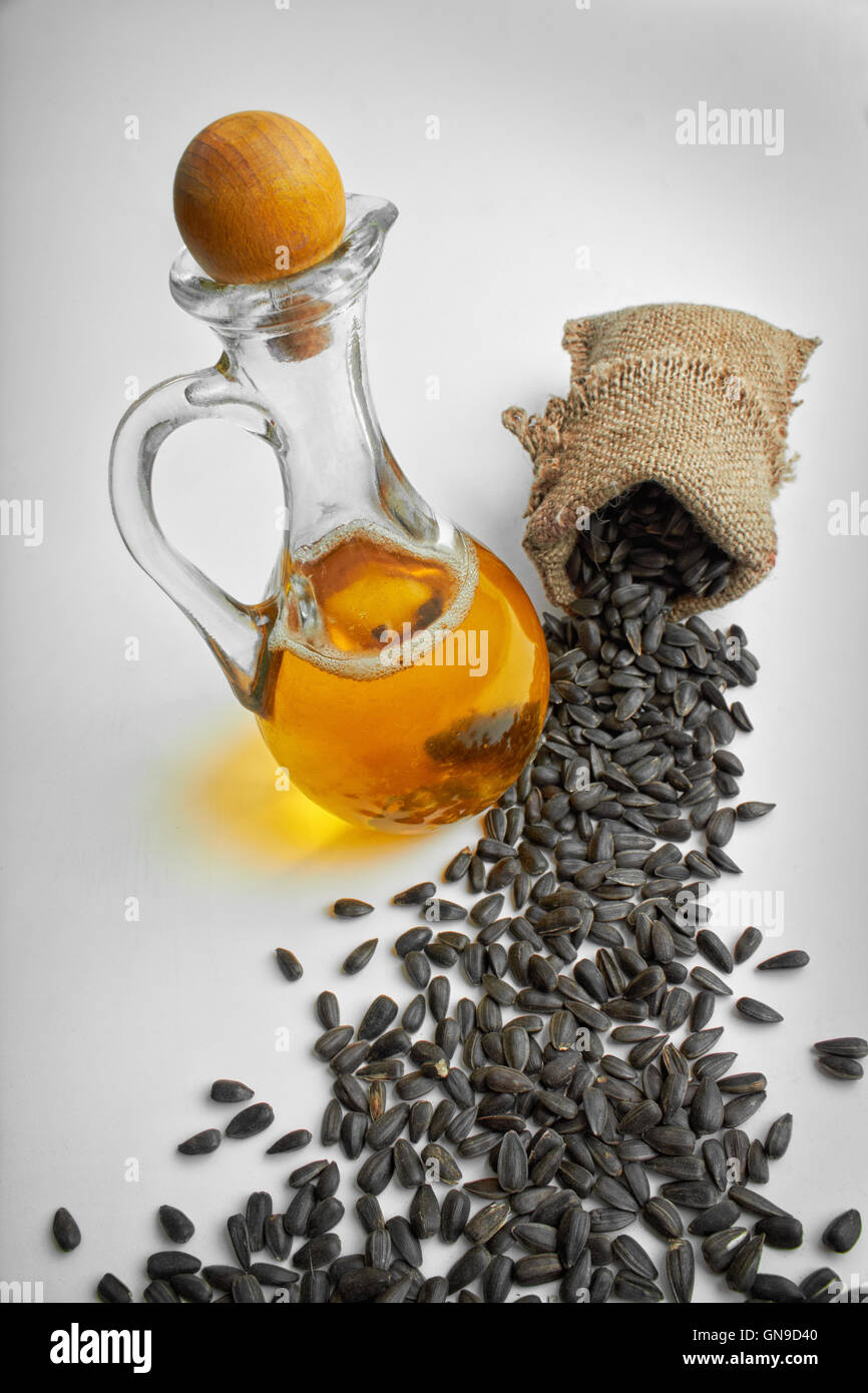 sunflower seeds and vegetable oil in a bottle Stock Photo - Alamy