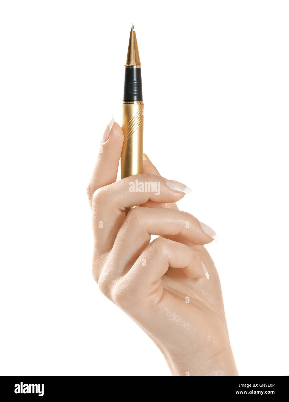 Woman hand hold pen on white isolated Stock Photo - Alamy