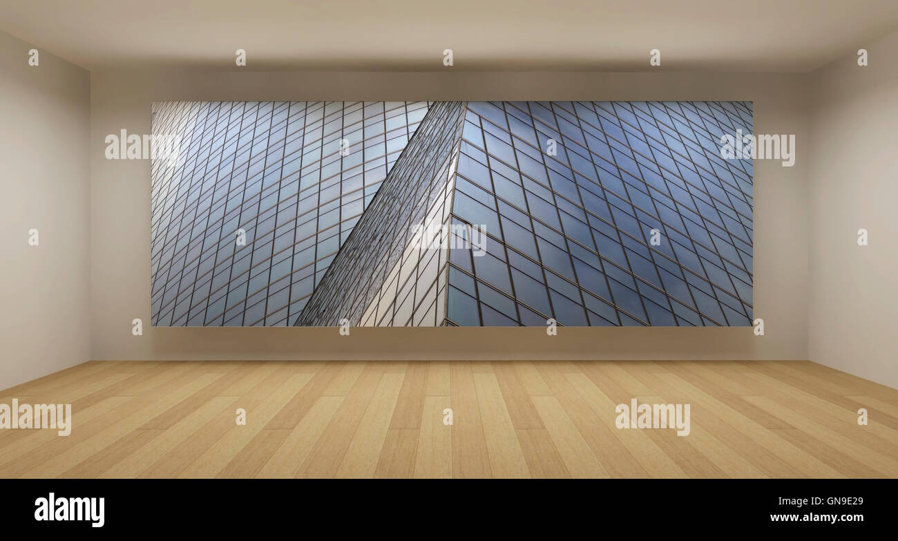 Empty room with modern glass building picture, 3d art concept, c Stock ...