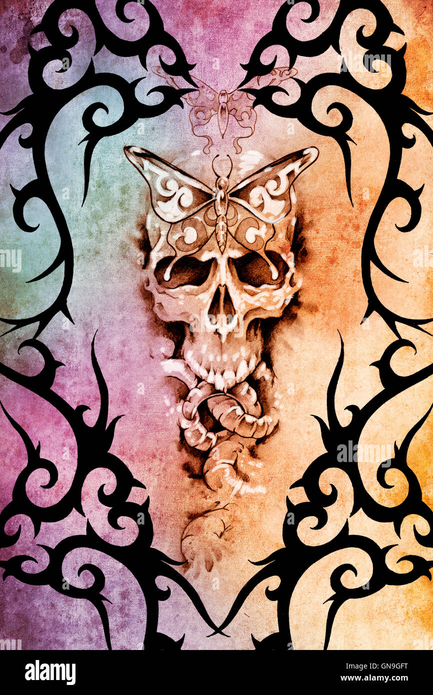 Tattoo art design, death decorated with tribal forms Stock Photo - Alamy
